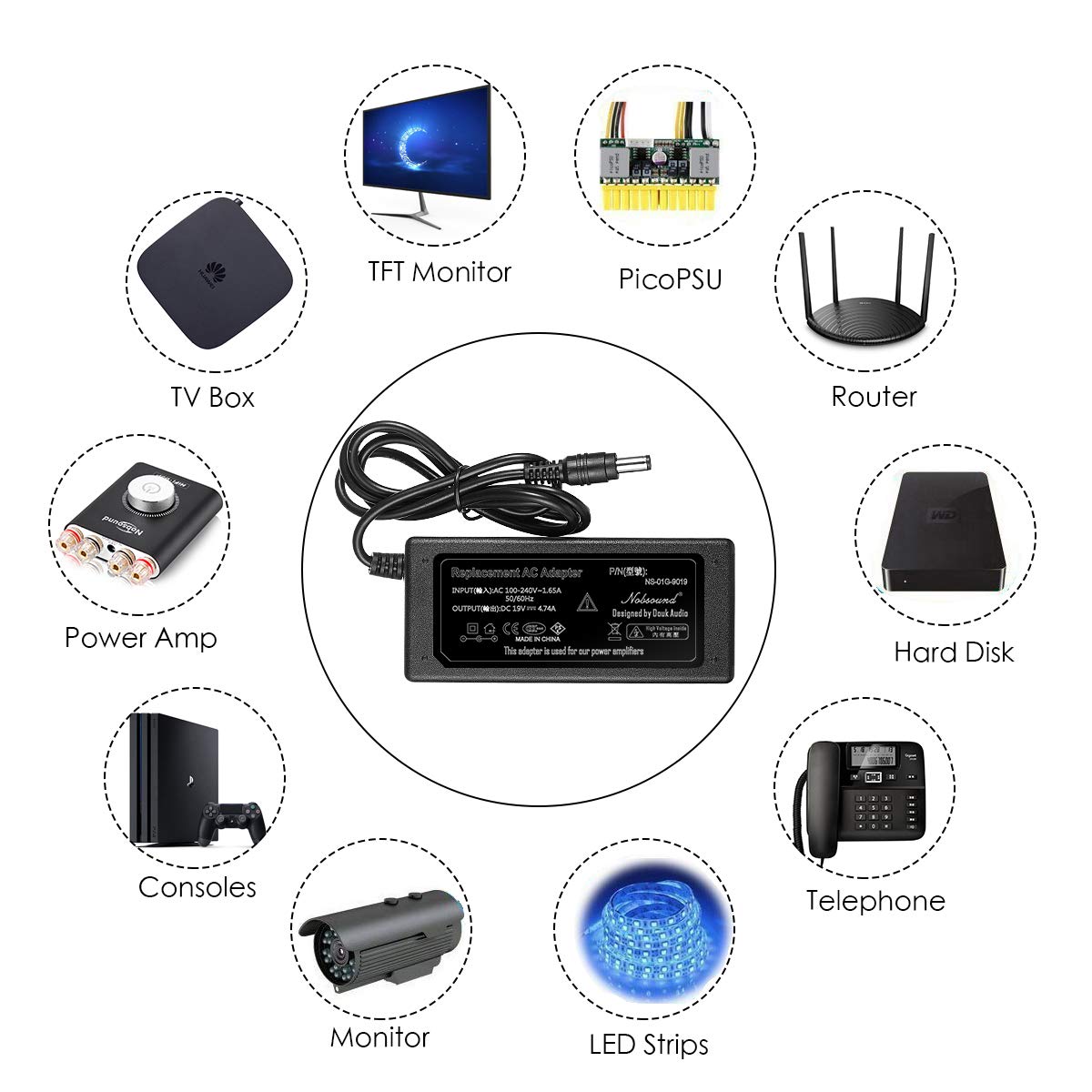 Nobsound DC 19V 4.74A 90W Power Supply Power Adapter Charger Universal 100-240V 50/60Hz AC Input for Amplifier Laptop DAC