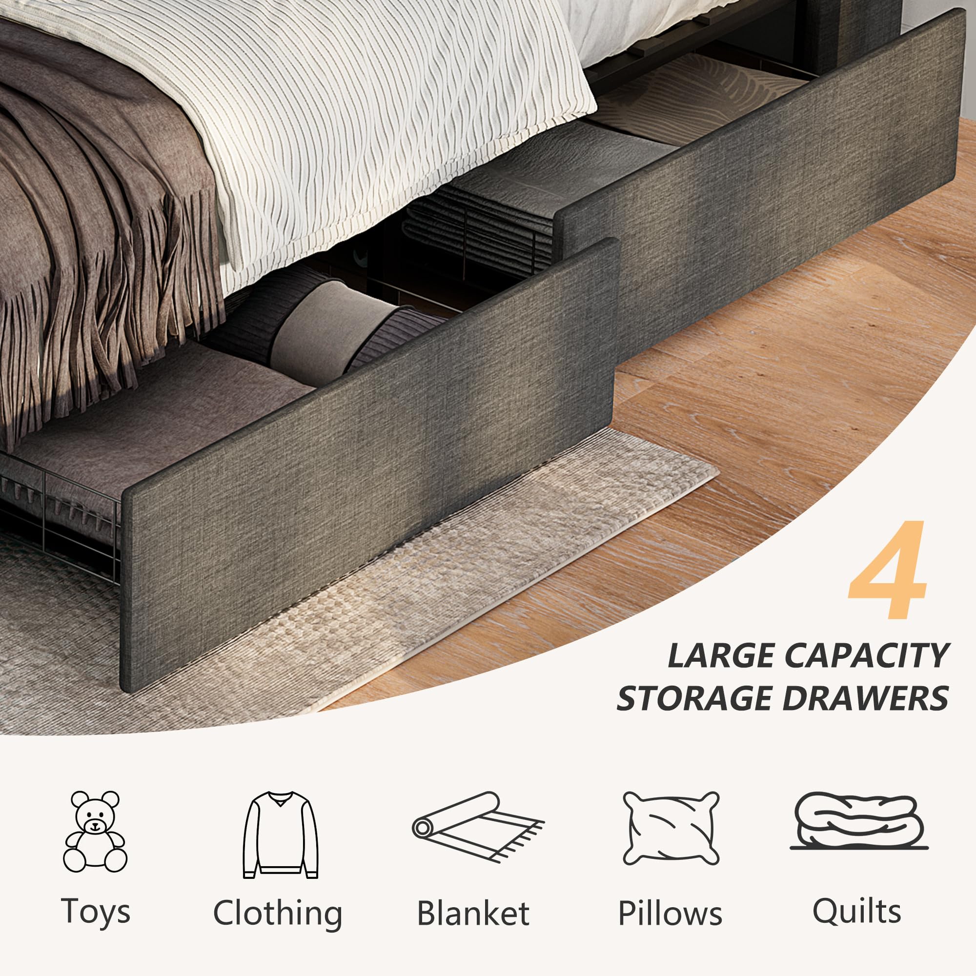 Full Size Bed Frame with Storage Headboard,Upholstered Platform Bed Frame with LED Lights and Charging Station,Heavy Duty Wood Slats Bed Frame No Box Spring Needed, Noise Free, Easy Assembly (Full)