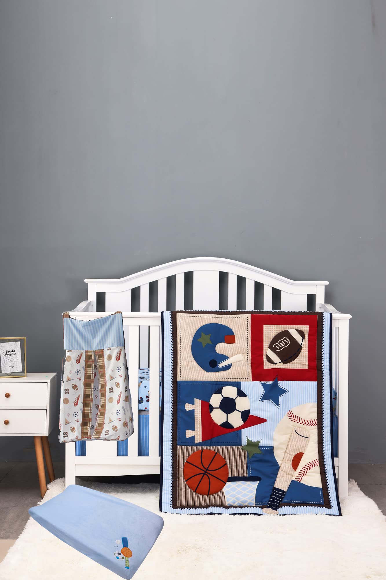 CribMATE 4 PCs Blue Sports Themed Nursery Crib Bedding Set Baby Boy 1 Quilt 1 Fitted Sheet 1 Diaper Organizer 1 Changing Pad Sheet Cot Bedding Set, Blue , Red , Brown , White, 28 X 52