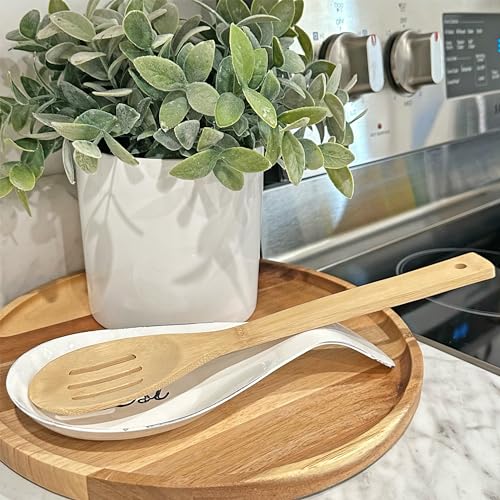 AuldHome Farmhouse White Spoon Rest, Distressed Enamel Ceramic Spoon Holder in Rustic Style