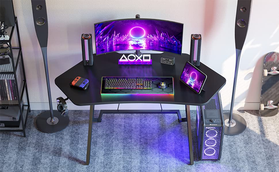 CubiCubi Luna Gaming Desk 47 inch Gamer Workstation, Home Computer Carbon Fiber Surface Gaming Desk PC Table with Cable Tray and Headphone Hook