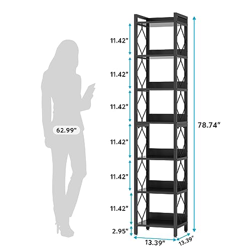 LITTLE TREE 7-Tier Narrow Bookshelf, 78.7-Inch Extra Tall Skinny Bookcase for Small Spaces, Freestanding Display Shelves, Multifunctional Corner Storage Organizer Unit for Home Office, Black