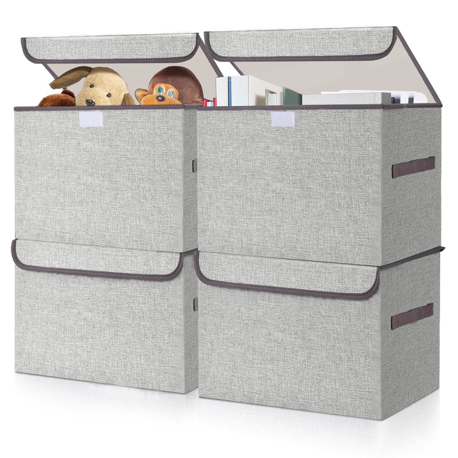 Bagnizer Large 22 Quart Linen Fabric Foldable Storage Bin Cube Organizer Basket with Flip-Top Lid & Handles, Large Clothes Blanket Box for Home, Office, Closet, 4 Pack 14.6 x 9.5 x 9.5”