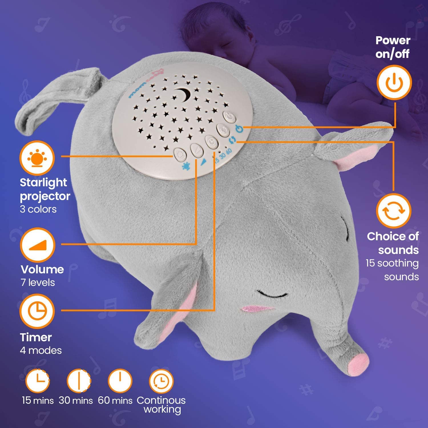 Baby Sleep Soothers, Momcozy Baby White Noise Machine, Auto-Off Timer and Volume Control Night Light Soother, 15 Lullabies Sound Machine for Newborns and Up, Elephant