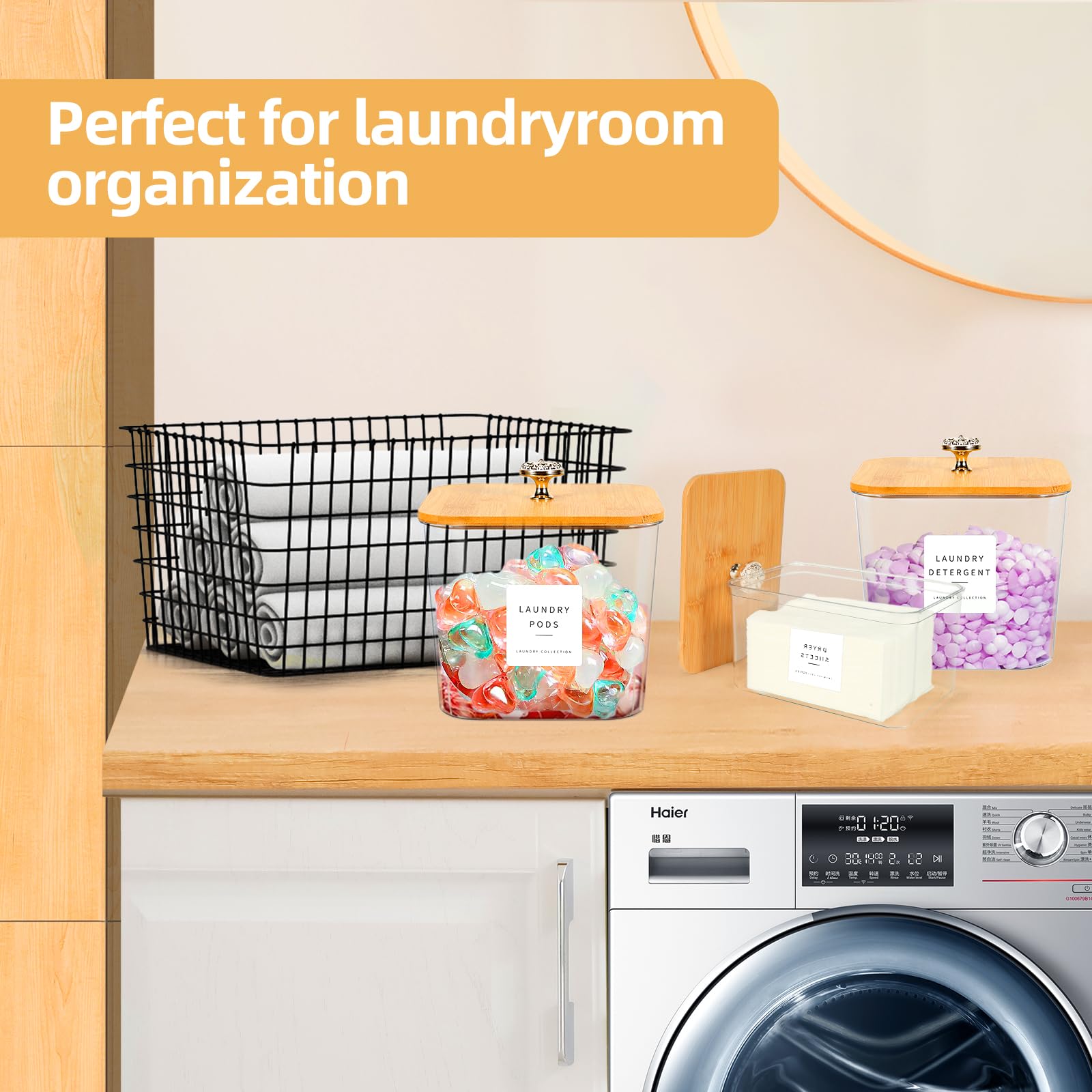 POLRAI 3 Pack Laundry Room Organization Storage Containers 2 Half Gallon Laundry Pod Containers and Dryer Sheet Holder with Lids and Labels for Laundry Detergent Laundry Pods Dry Sheet Organizing