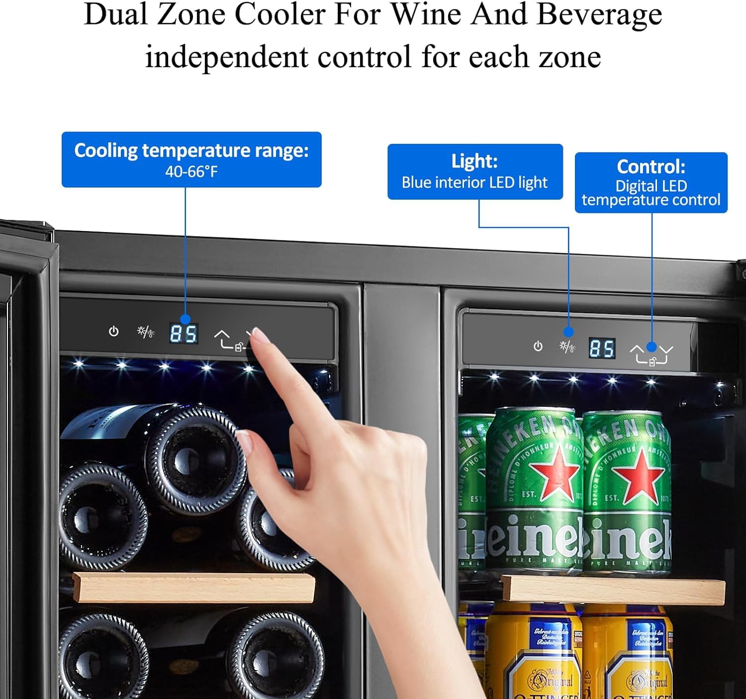 BODEGACOOLER 24 Inch Wine and Beverage Refrigerator, Dual Zone Wine Cooler Refrigerator, Wine and Beer Refrigerator Under Counter Cooling With Compressor,Hold 21 Bottles and 57 Cans [Black]