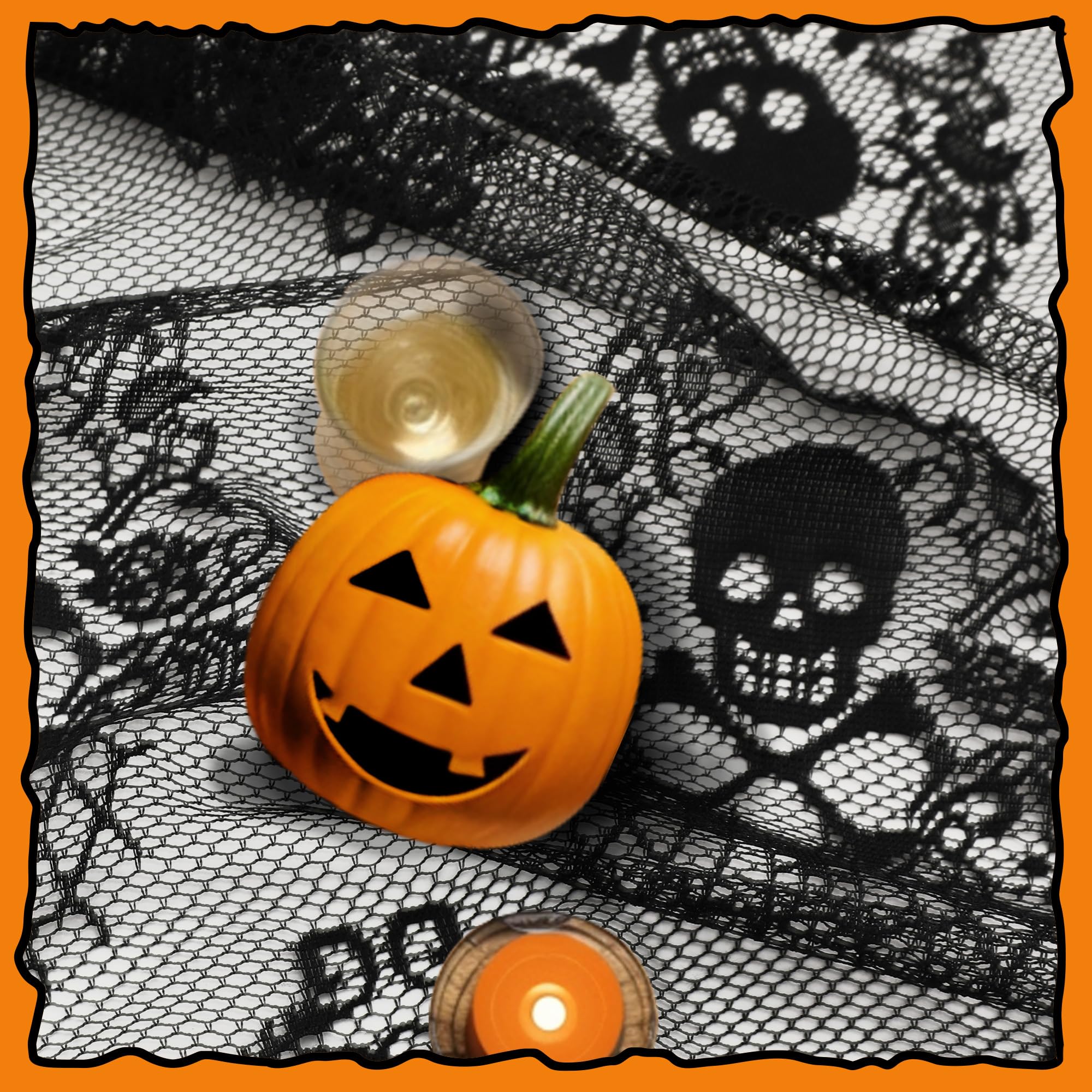 OWENIE Halloween Tablecloth, Skull Lace Fabric Tablecloths with Tassel, Black Pumpkin Table Cloths Table Cover for Rectangle Tables for Parties Gothic Halloween Home Decorations, 52x52 Inch