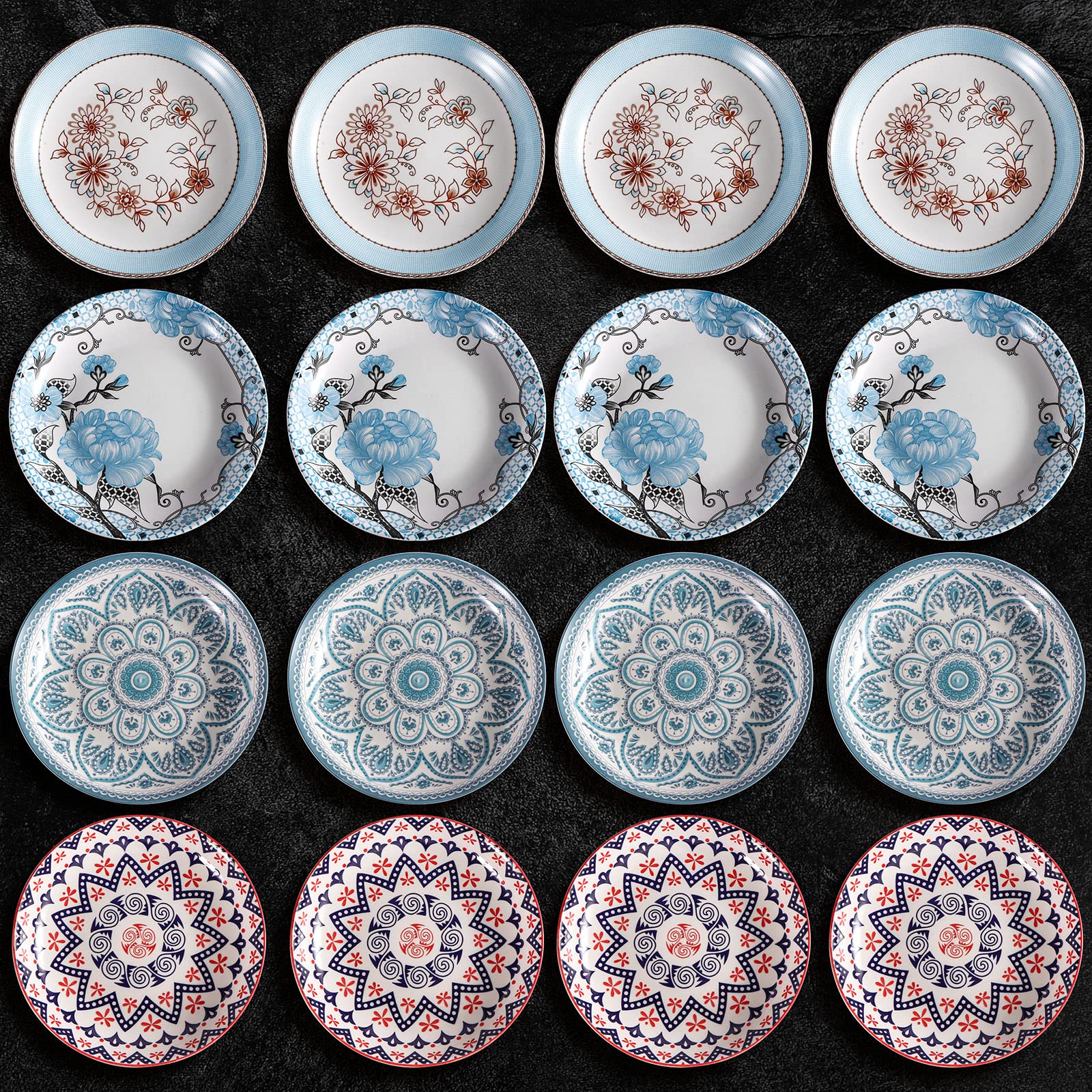 Artena Pasta Bowls Set Of 4, 20oz Porcelain Salad Bowls, 8 Inch Bowls For Kitchen, Colorful Dinner Plates & Solid Soup and Sandwich Plate Combo, 16 oz Soup Bowls/Mugs/Cups with Handles