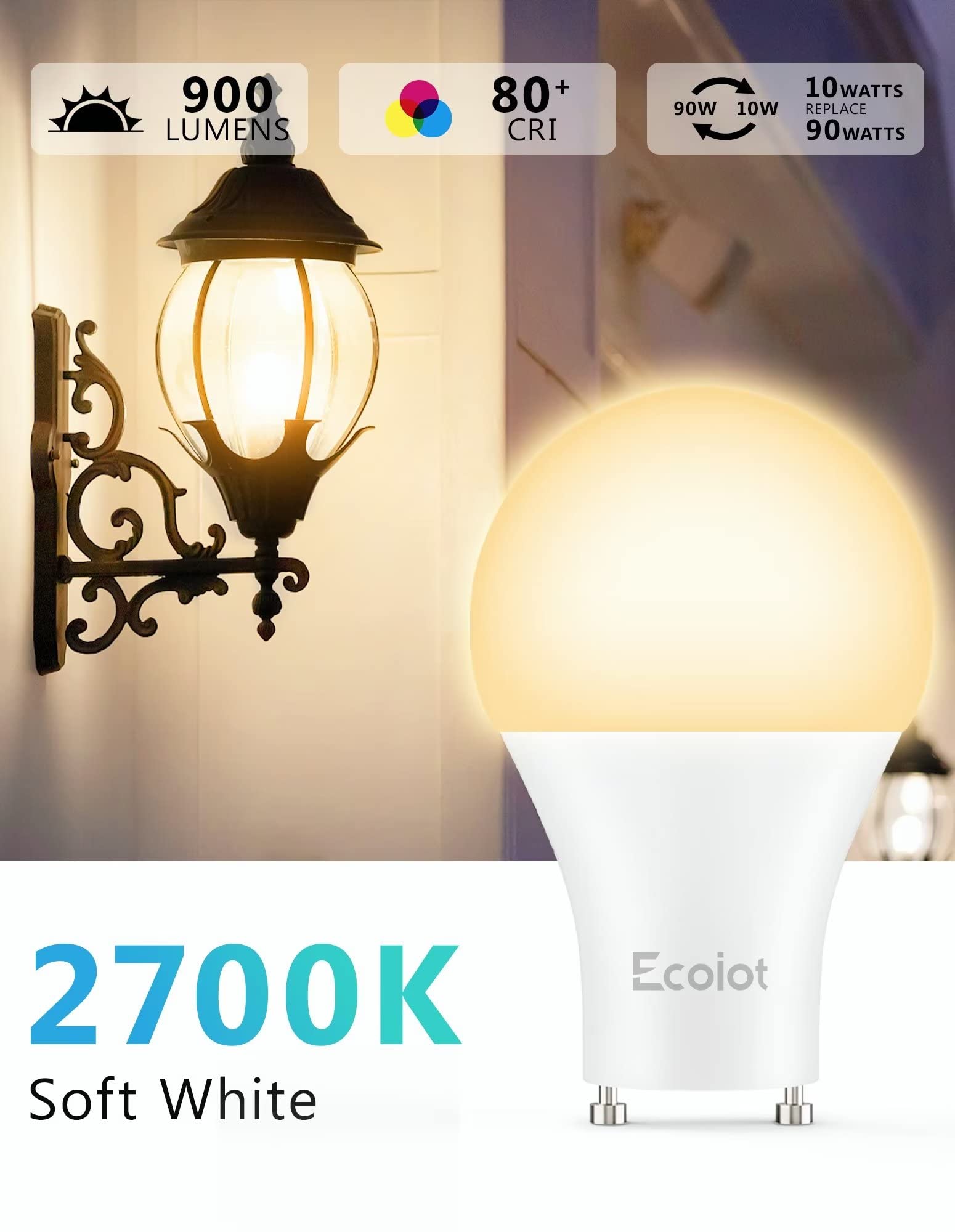 Ecoiot GU24 Dusk to Dawn Outdoor Light Bulbs,Light Sensor A19 LED Bulbs,Photocell Sensor, Automatic On/Off for Indoor/Outdoor Security Lighting,10Watt(90Watt Equivalent),2700K Soft White,4 Pack