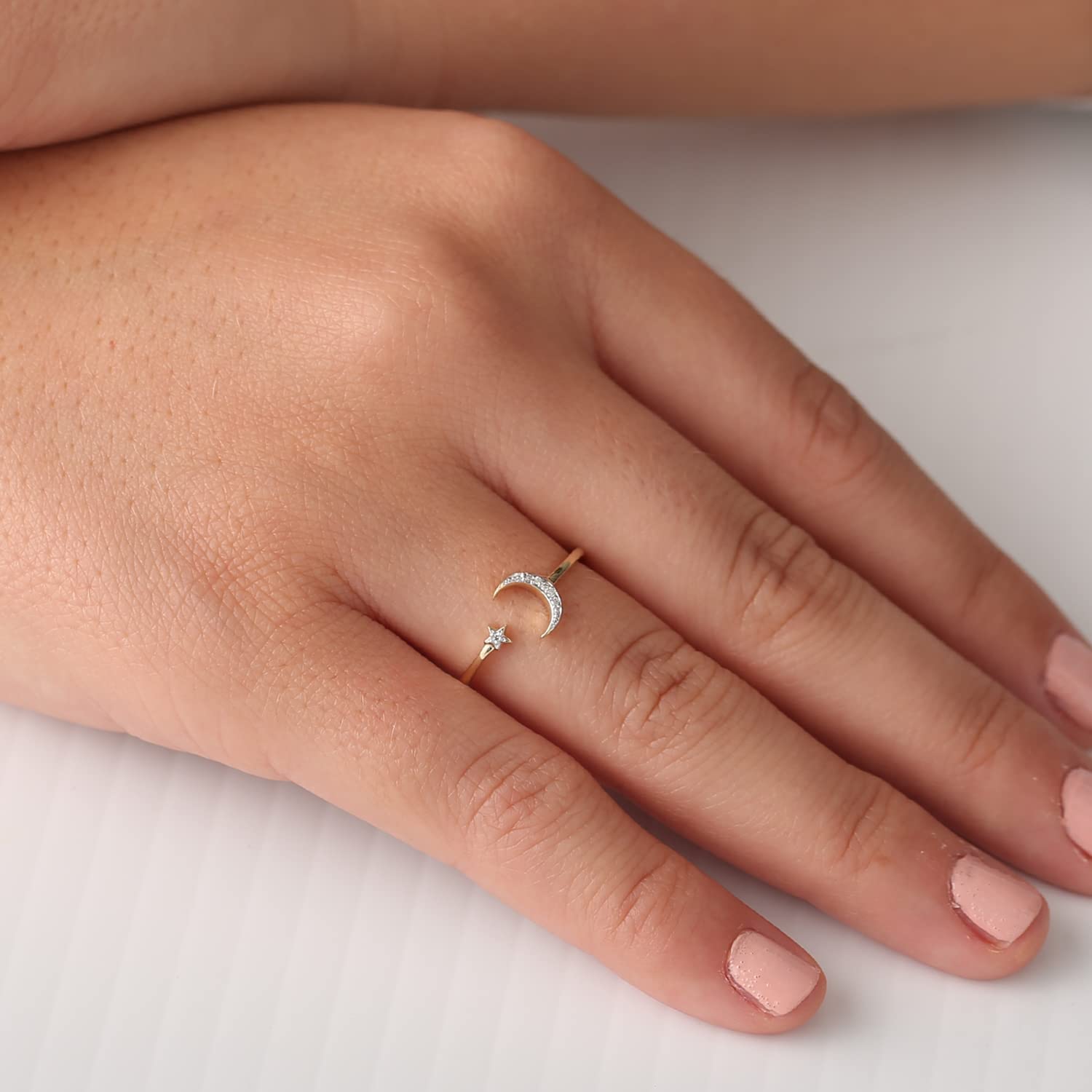 Amaari Fine Jewelry 0.02 ctw. Diamond Moon and Star Cuff Ring in 14K Gold, Stackable Celestial Crescent Moon Ring (H-I Color, SI1-SI2 Clarity)