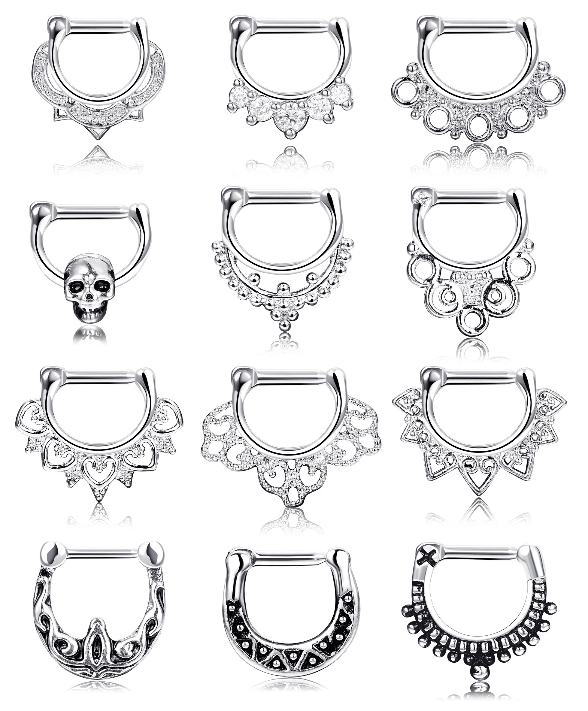 FINREZIO 12 PCS 14G Stainless Steel Nose Rings Hoop Cartilage Earrings Septum Clicker Bull Rings CZ Body Piercing Jewelry (Gauge: 14G=1.6MM)