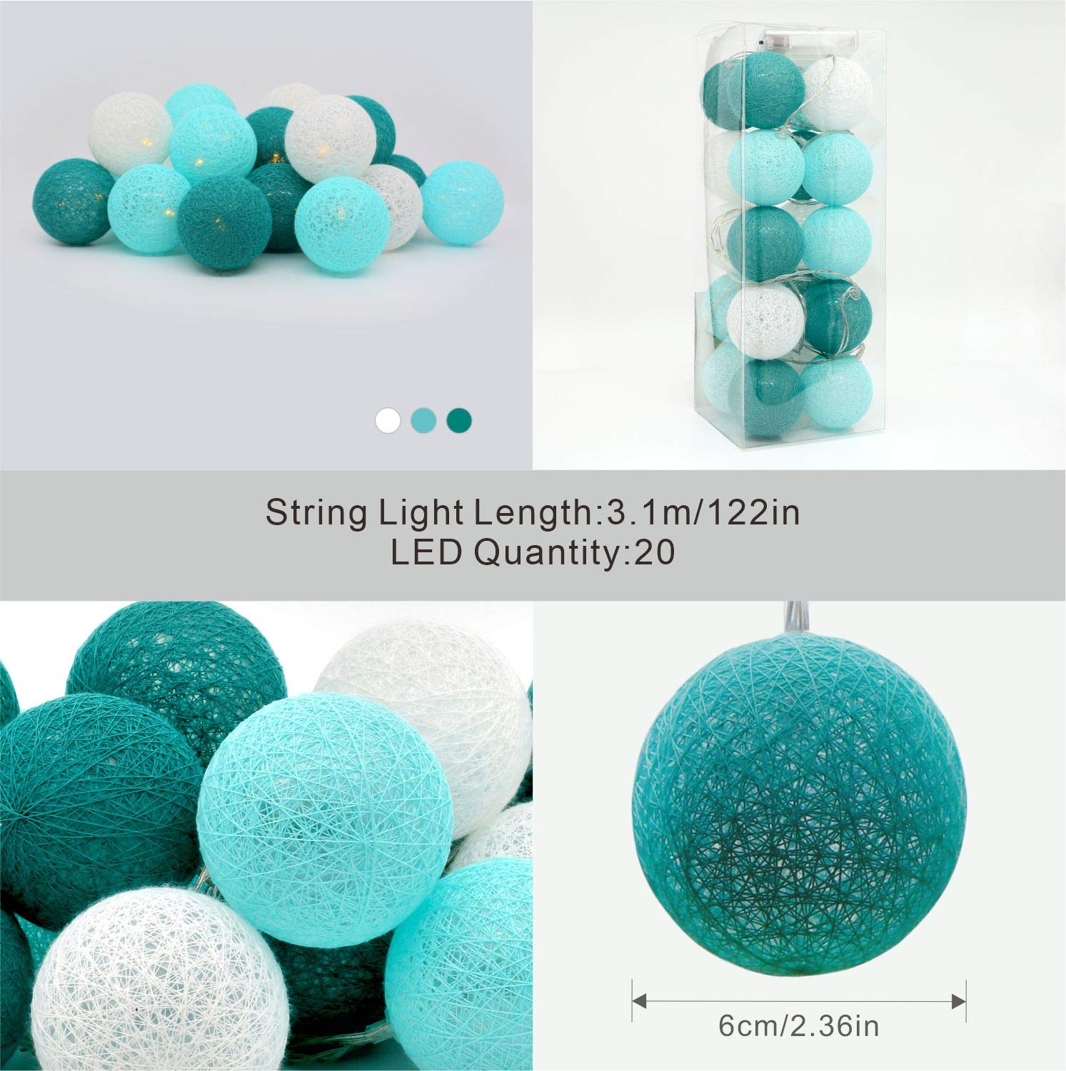 Fairy Lights Starry LED String Lights 20 PCS Indoor/ Outdoor Cotton Ball Warm Lighting Wall Light for Bedroom, Wedding Party ,Home ,Christmas,Halloween,Garden (Batteries, Tiffany)