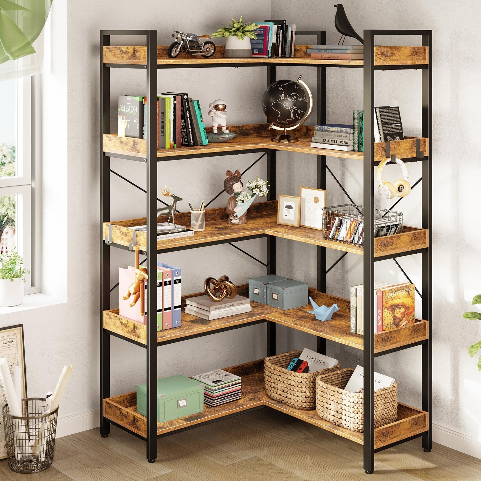 Rolanstar Bookshelf 5 Tier with 4 Hooks, Reversible Corner Bookshelf, 65" Industrial Wooden Bookcase with Open Shelves and Metal Frame for Living Room, Bedroom, Home Office, Rustic Brown