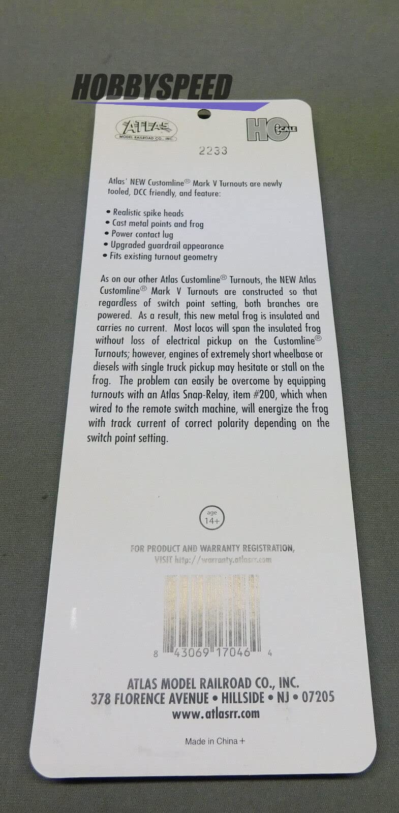 Atlas HO Scale Code 100#4 Mark V LEFTHAND Turnout
