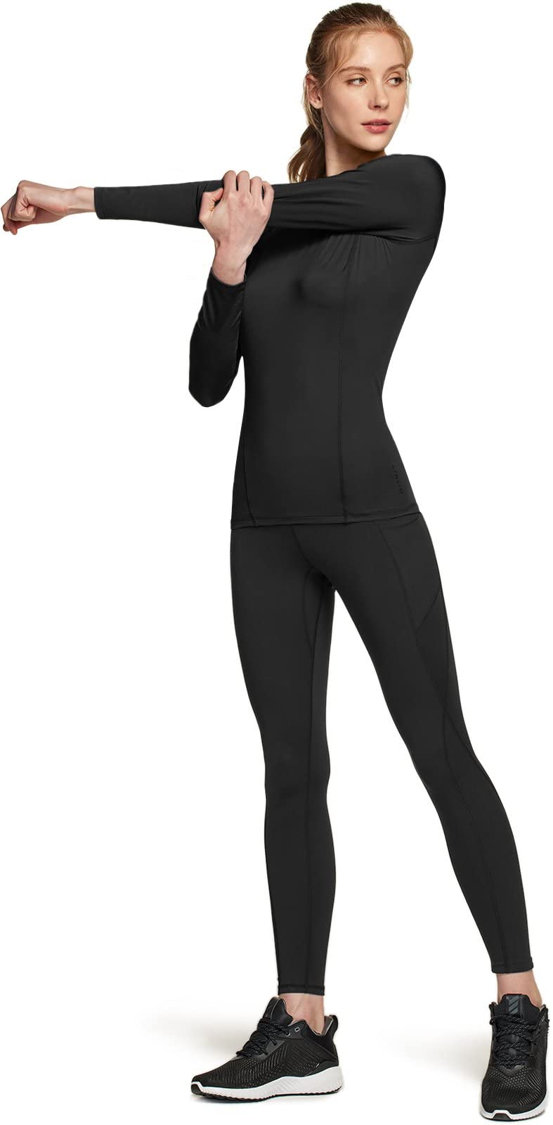ATHLIO Women's Sports Compression Shirt, Cool Dry Fit Long Sleeve Workout Tops, Athletic Exercise Gym Yoga Shirts, 2pack Black/Red, Large