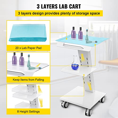 VEVOR Lab Trolley, Rolling Lab Cart w/Built-in Socket, 3 Layers Tray Rolling Clinic Cart, 360° Silent Rolling Wheels w/Foot Brake, 88 lbs Weight Capacity Sturdy Steel Frame, for Lab Clinic Salon