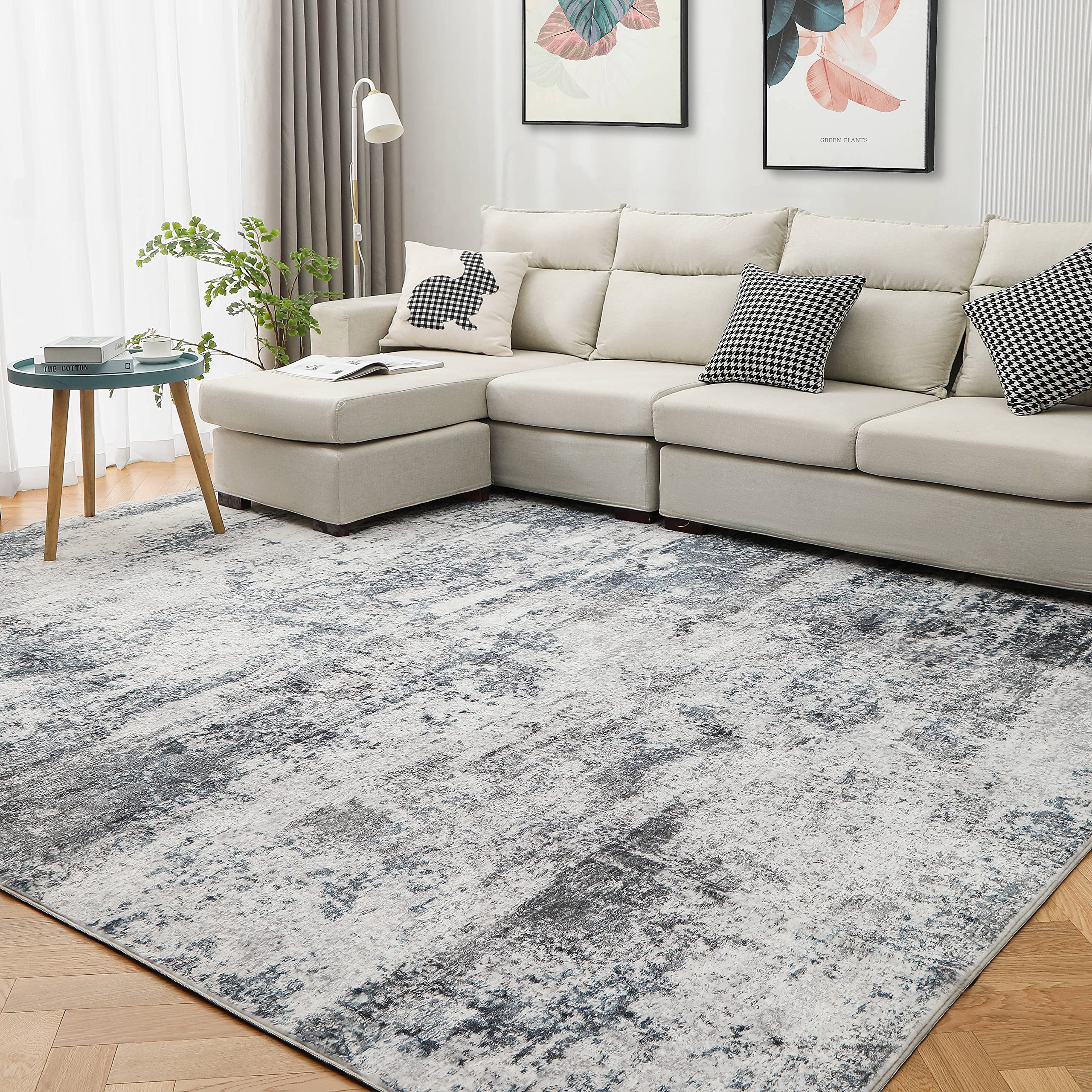 Area Rug Living Room Rugs: 5x7 Abstract Soft Fluffy Pile Large Carpet with Low Shaggy for Bedroom Dining Room Home Office Indoor Decor Under Kitchen Table Washable - Grey/Navy Blue