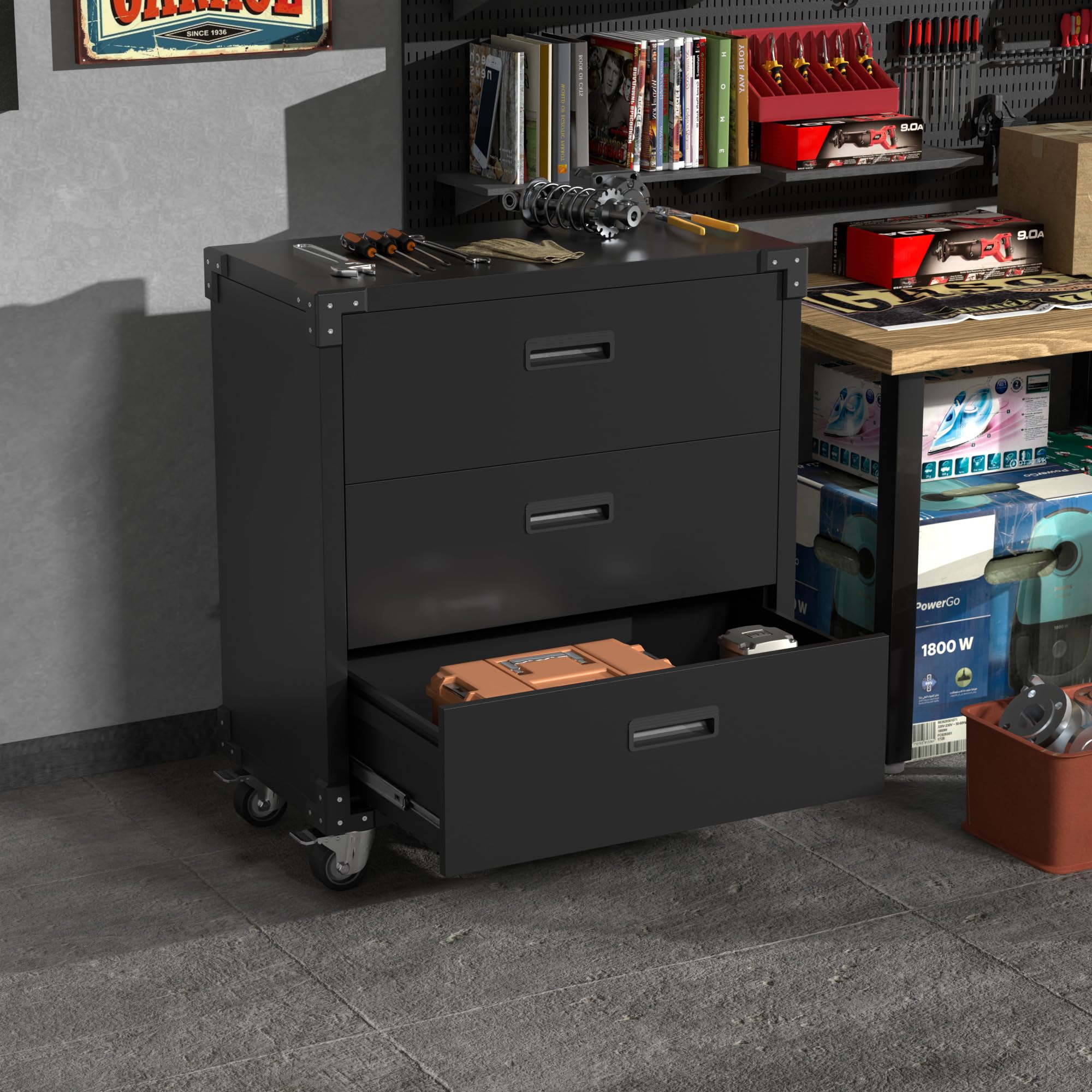 SUXXAN Garage Storage Cabinet, Tool Cabinets for Garage, 2 Door Tool Cabinet on Wheels, Locking Steel Storage Cabinet with 2 Adjustable Shelves for Garage, School, Warehouse,Assembly Require(Black)