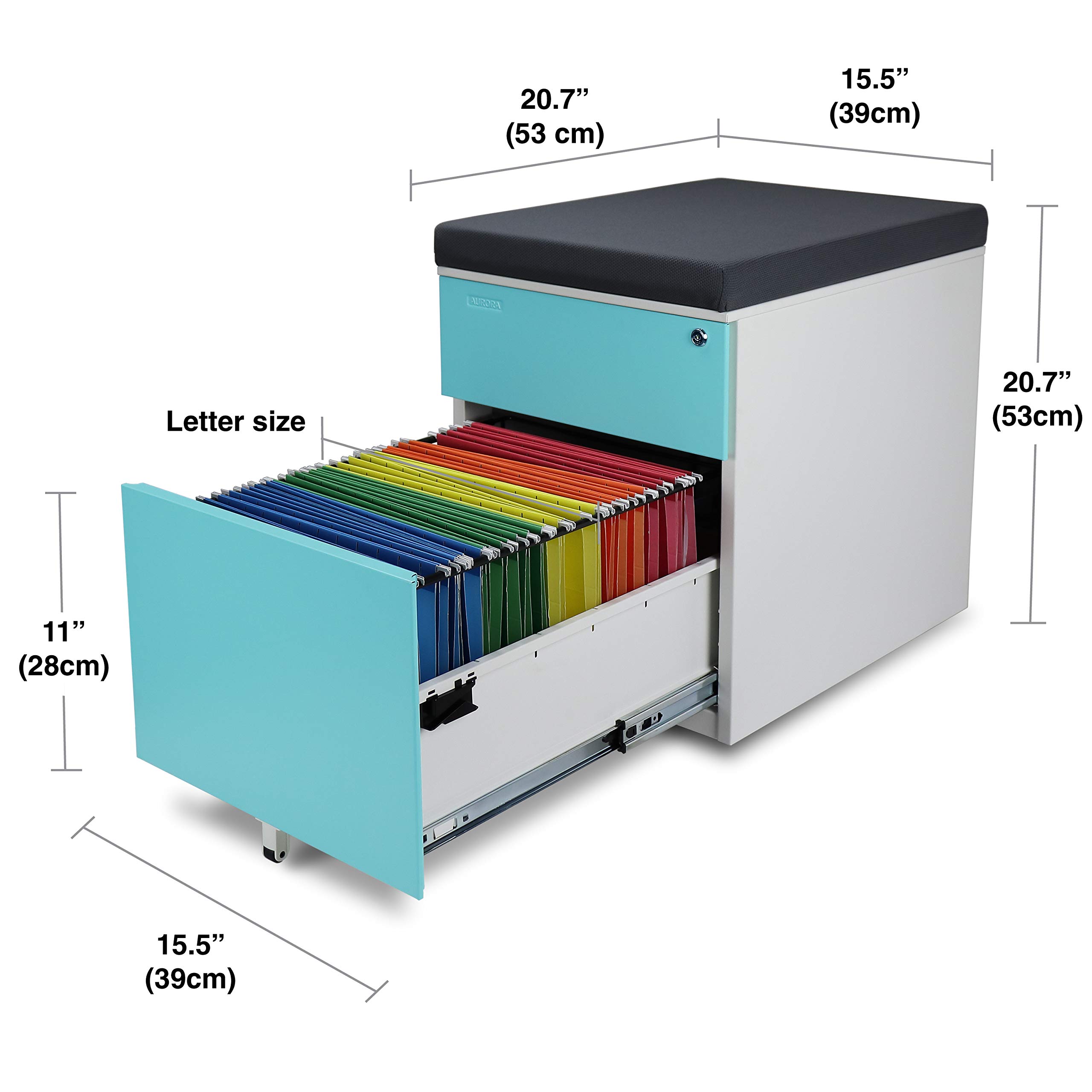 Aurora Mobile File Cabinet 2-Drawer Metal with Comfort Seat Cushion, Lock Key Sliding Drawer, Fully Assembled, Ready to Use, White/Aqua Blue