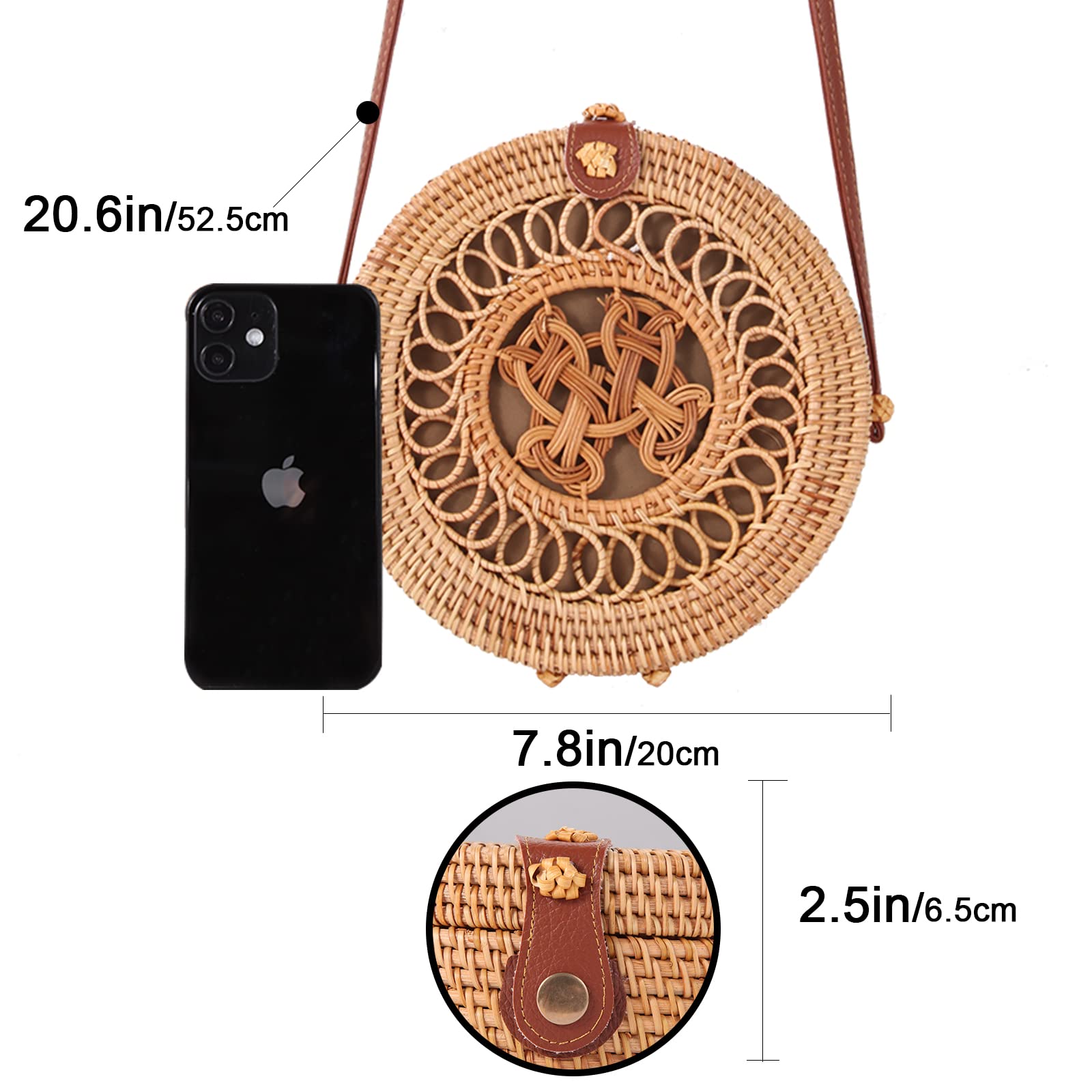 RIANGIE Beach Bag for Women Boho Bag Crossbody Purse Rattan Handwoven Round with Leather Strap