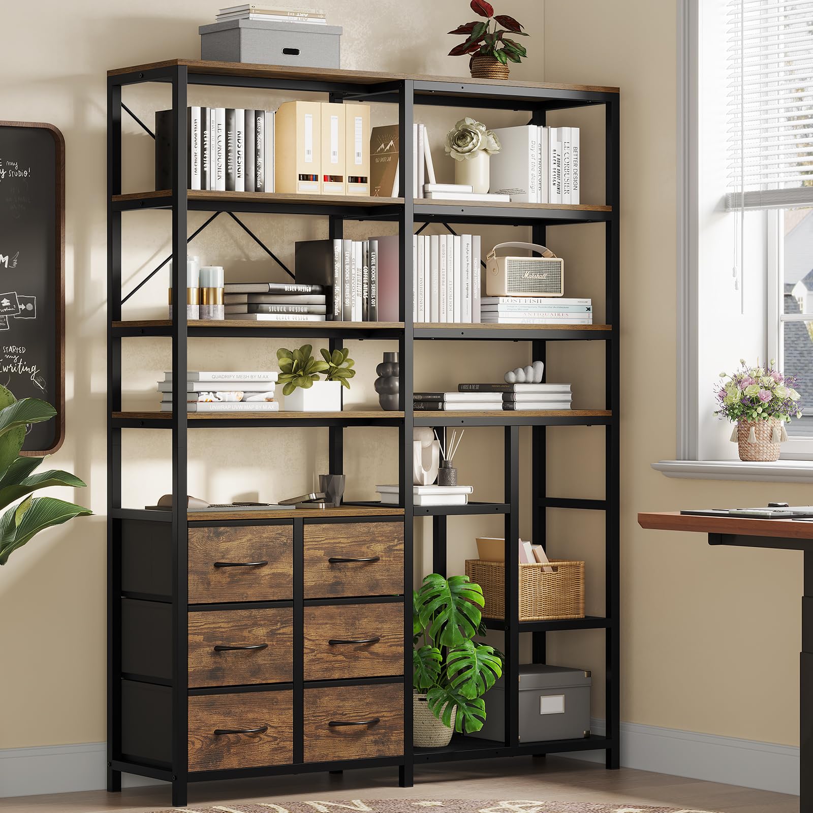 BTHFST Corner Bookshelf with 6 Fabric Drawers, Convertible Tall Bookcase 7 Tier, Industrial Book Shelf with Metal Frame, Wide Bookshelves for Living Room Home Office, Rustic Brown & Black