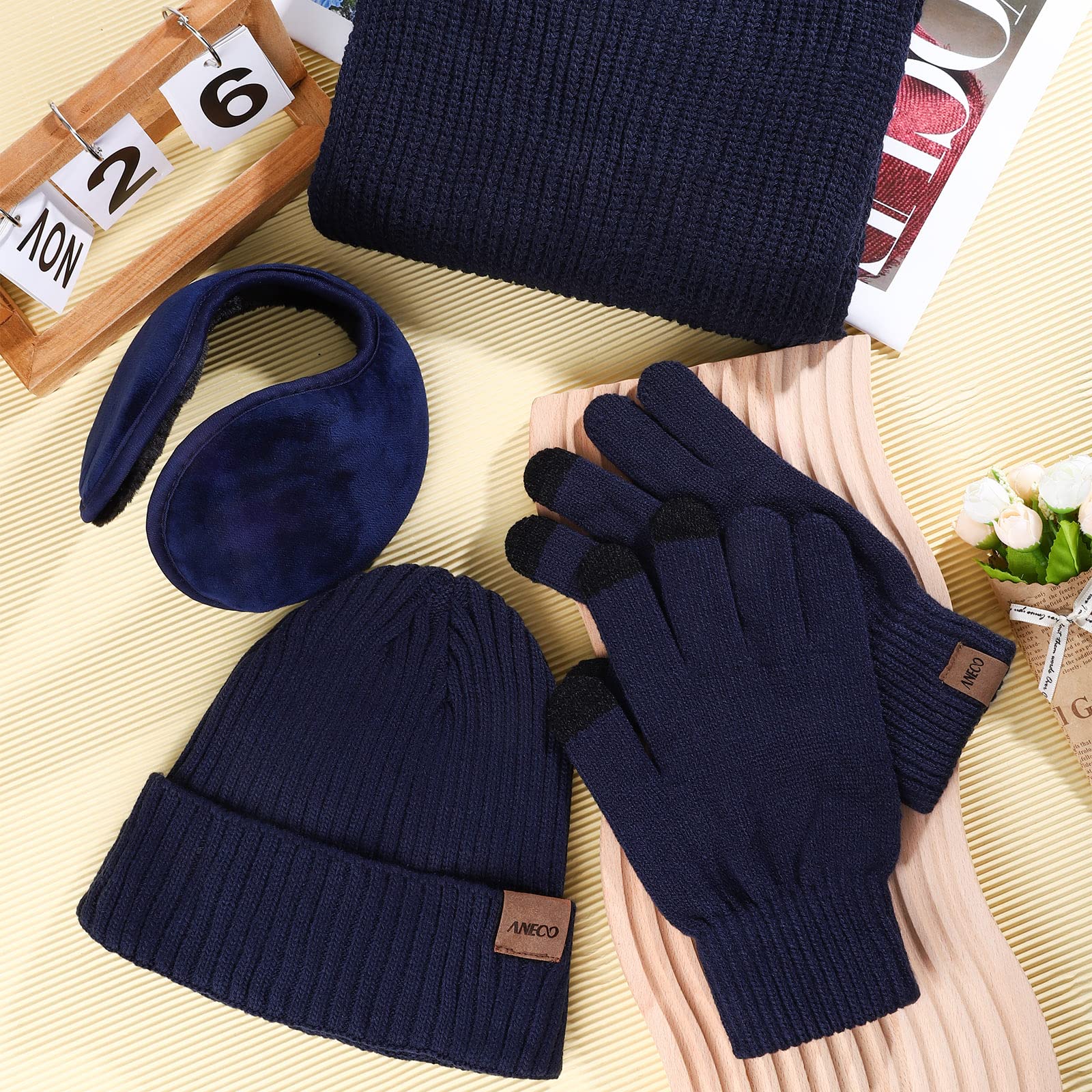 Aneco Winter Beanie Hat Set for Men 4 Pieces Knit Glove Scarf Beanie Hat Earmuffs Set for Men Women