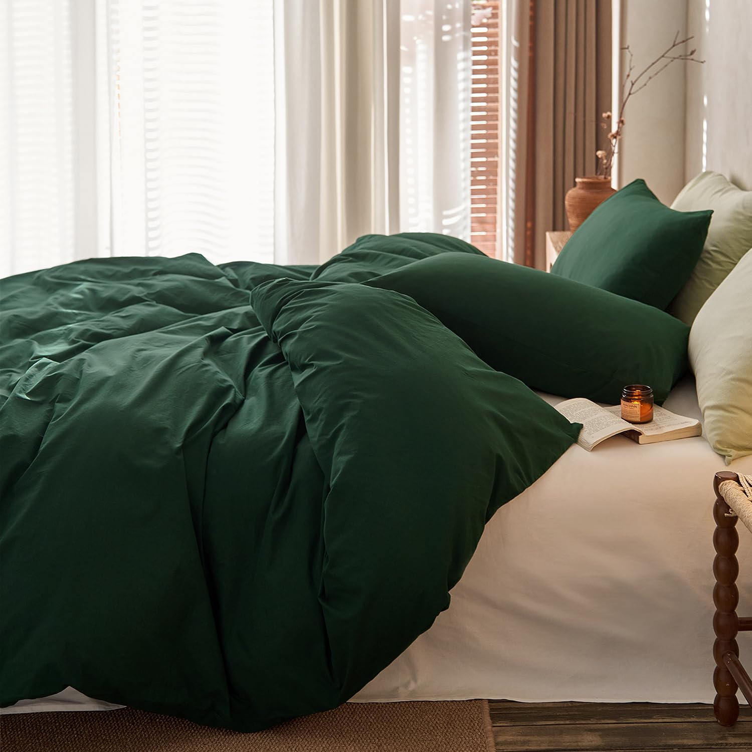 TOCOMOA Duvet Cover Set King Size, 100% Washed Cotton Like Linen Textured, 3 Piece Dark Green Bedding Set Soft Breathable, Ideal for Sweating Groups, Simple Style Farmhouse Comforter Cover