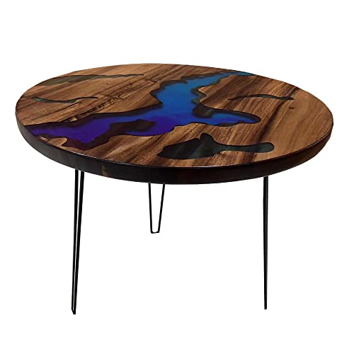 Aurtem Modern Round Coffee Table with Blue Epoxy Home Furniture Household Essential Coffee Table Sturdy Wooden, Resin Console Table Accent Piece for Your Living Room and Office (24''X24'')