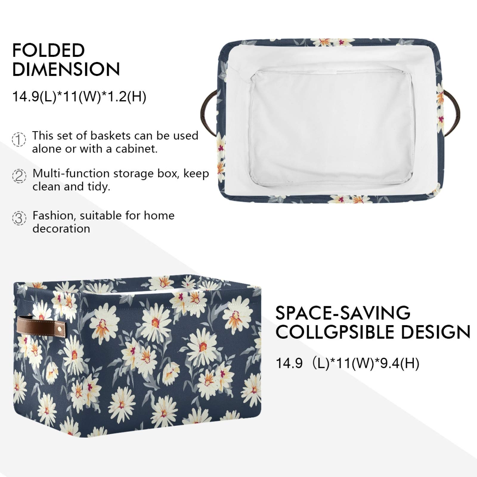 AUUXVA Floral Flower Daisy Leaves Pattern Storage Basket Large Foldable Storage Organizer Cubes Bins with Leather Handles Sturdy Collapsible Boxes for Shelf Cloth Toy Closet-2 Pack