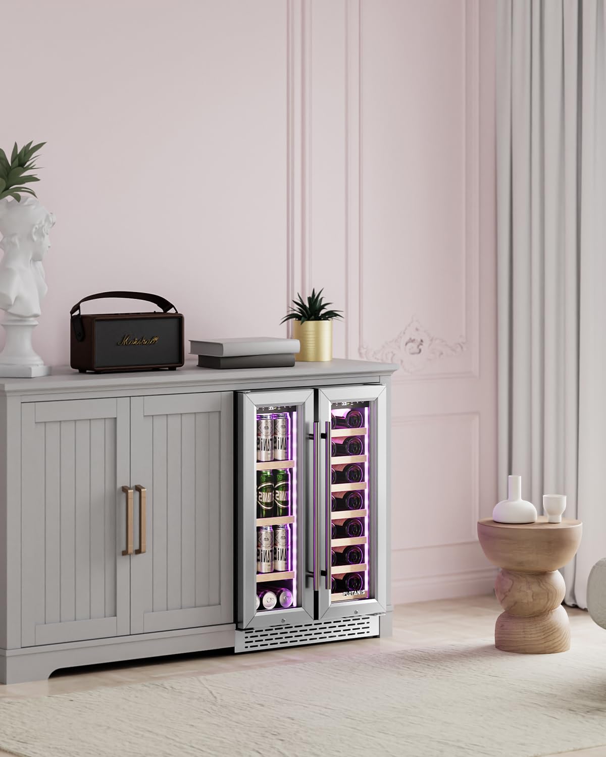 Plotanis 24 Inch Wine Fridge Dual Zone 20 Bottles 60 Cans Wine Refrigerator Built-in or Freestanding Wine Beverage Cooler with Glass Door, 3-Color Light, Safety Lock