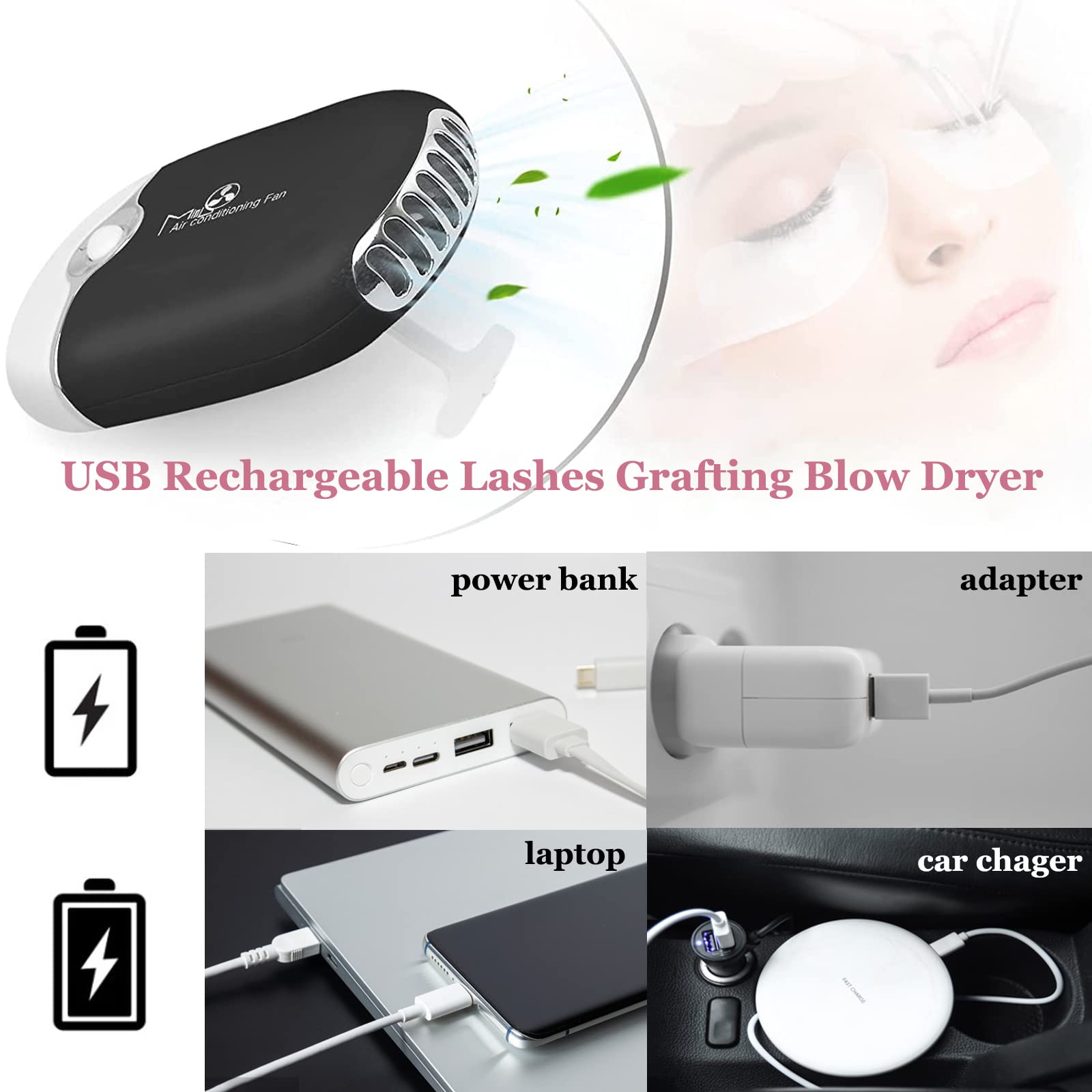AREMOD Eyelash Extensions Fan Lash Fan Dryer USB Rechargeable Air Condition Cooling Blower Mini Makeup Fan Hand Held Fan for Lash Extensions (Pink)