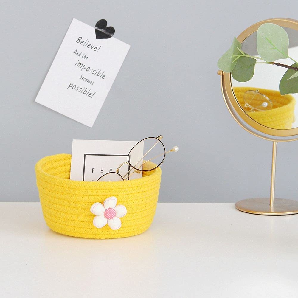 Cute Flower Cotton Rope Woven Storage Basket Desktop Makeup Storage Box Children's Toy Laundry Basket Makeup Storage Box(Pink)