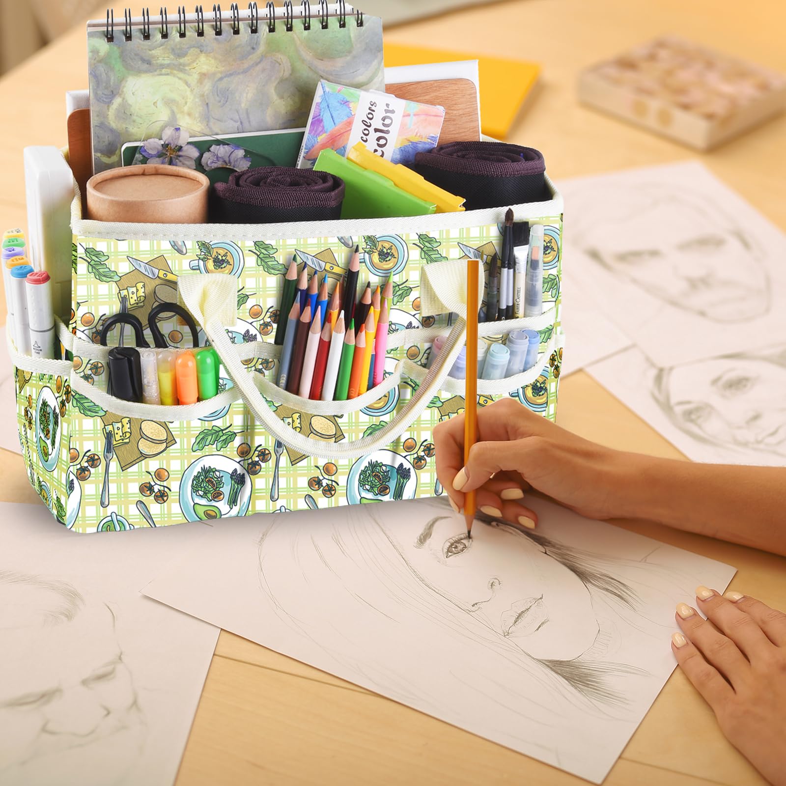 qianshan Craft Organizer Bag with Multiple Pockets, Large Art Storage Caddy with Handles for Art, Craft, Sewing, Make-up,Scrapbooking, Medical, and Office Supplies Storage.Yellow Lunch