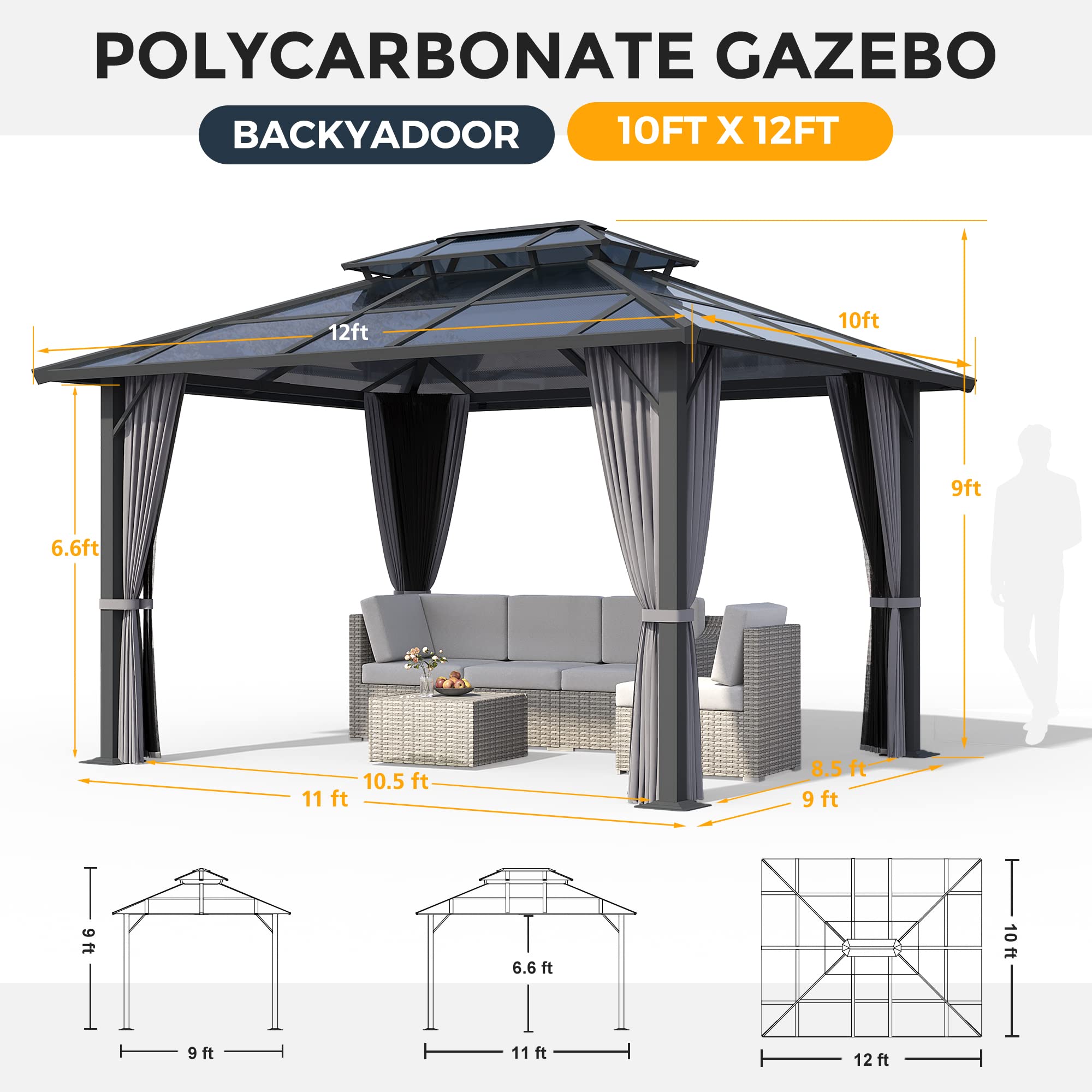 BACKYADOOR 10'x 12' Hardtop Gazebo, Outdoor Gazebo with Aluminum Frame, Double Roof Polycarbonate Gazebo with Netting and Curtains for Patio, Deck, Backyard (Gray)