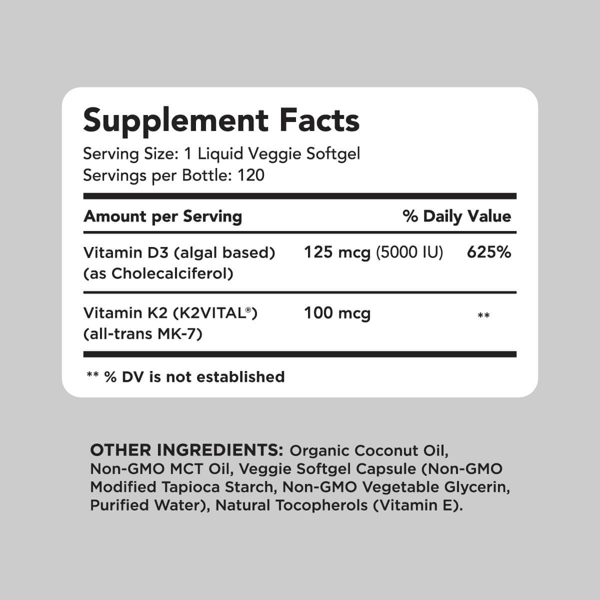 AMANDEAN Vegan Vitamin D3 K2. 5000 iu from Algae. All-Trans MK-7. 120 Softgels. Plant-Based & Carrageenan Free. Organic Coconut Oil Blend. for Mood, Bones, Heart, Teeth, Immune Health.