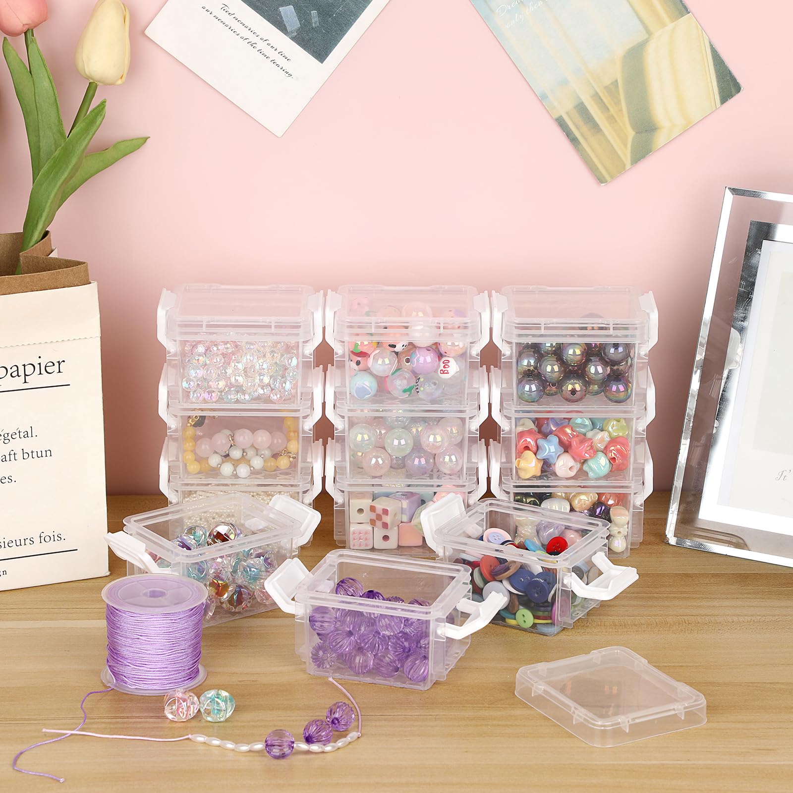 BTSKY 18 Packs Small Storage Containers with Lids, Stackable 0.14 QT Storage Bins Plastic Mini Latch Box-3 Pack Mini Boxes with 1 Lid,Clear Craft Organizer Box for Beads Jewelry Hair Accessory,White