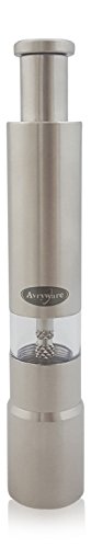 Avryware Stainless Steel Refillable Spice Grinder Mill For Salt, Pepper, and Seasoning - Thumb Operated Push Button For One Hand Grinding