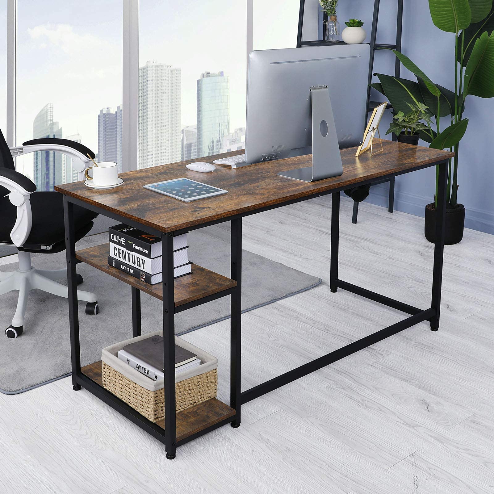 AuAg Computer Desk Home Office Desk with 2 Shelves, 55 inch Writing Desk with Storage, Industrial PC Desk Laptop Study Table with Bag Hook Gaming Desk Workstation, Easy to Assemble(Rustic Brown)