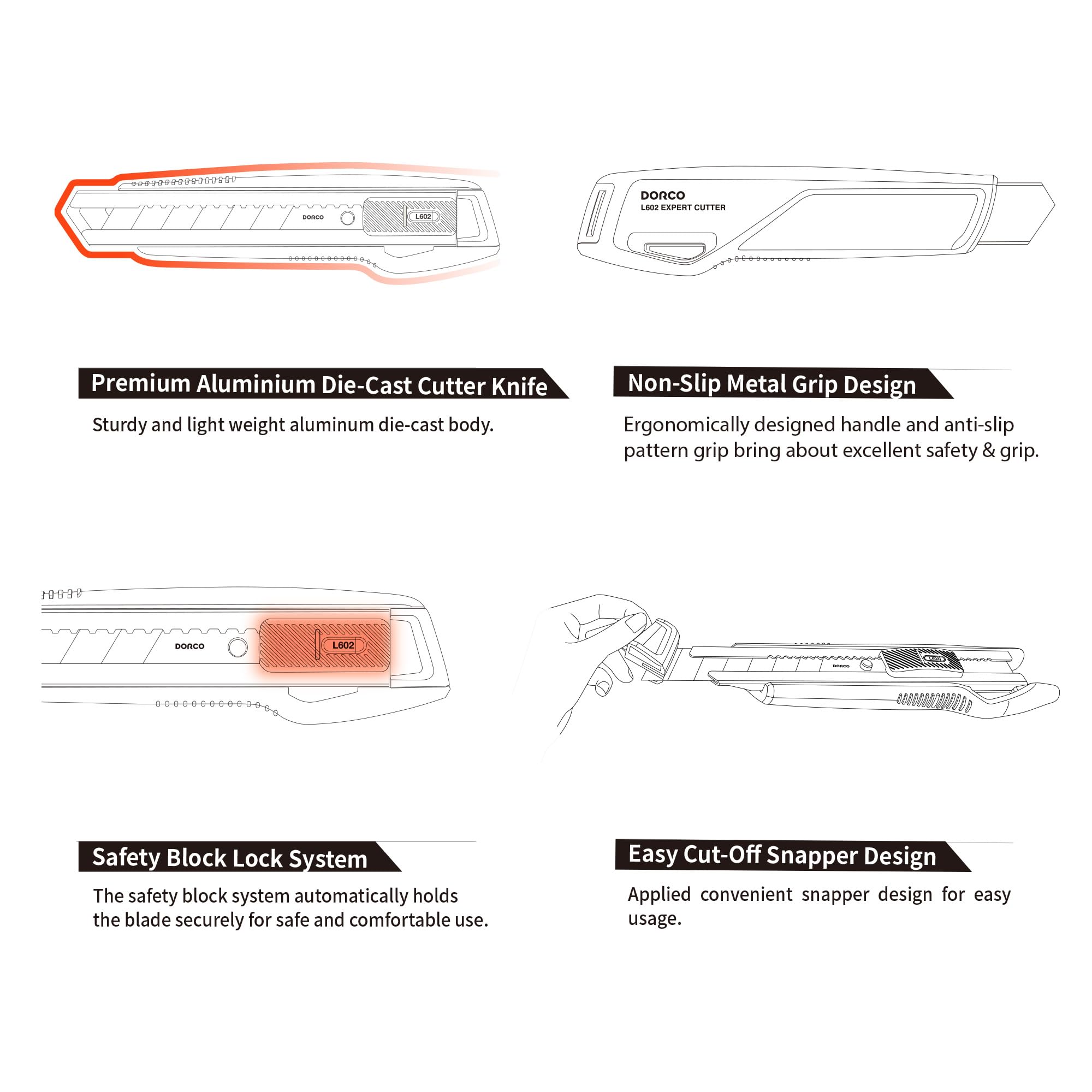 DORCO Professional L602 18mm Snap-Off Cutter Knife + Precision 18mm (11 Blades) - Premium Quality Die-Cast Body with Auto-Lock & Safety Block System