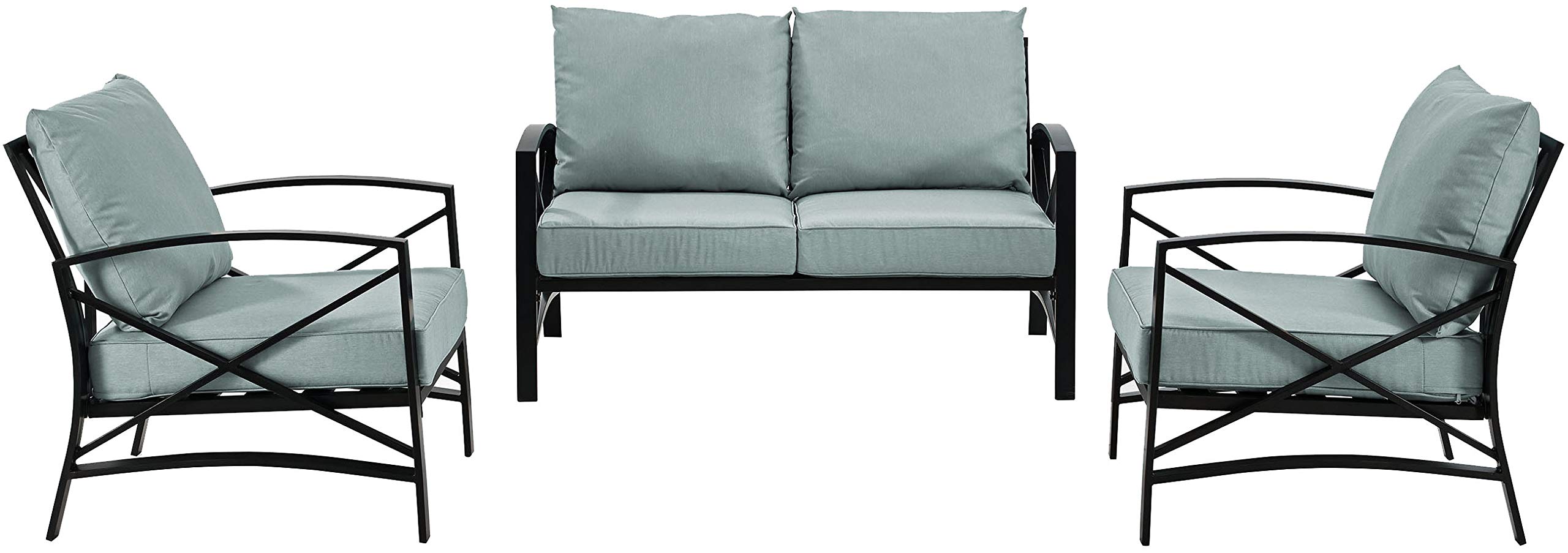 Crosley Furniture Kaplan 3-Piece Outdoor Loveseat Patio Furniture Set, Conversation Sets for Porch, Deck, White with Navy Cushions