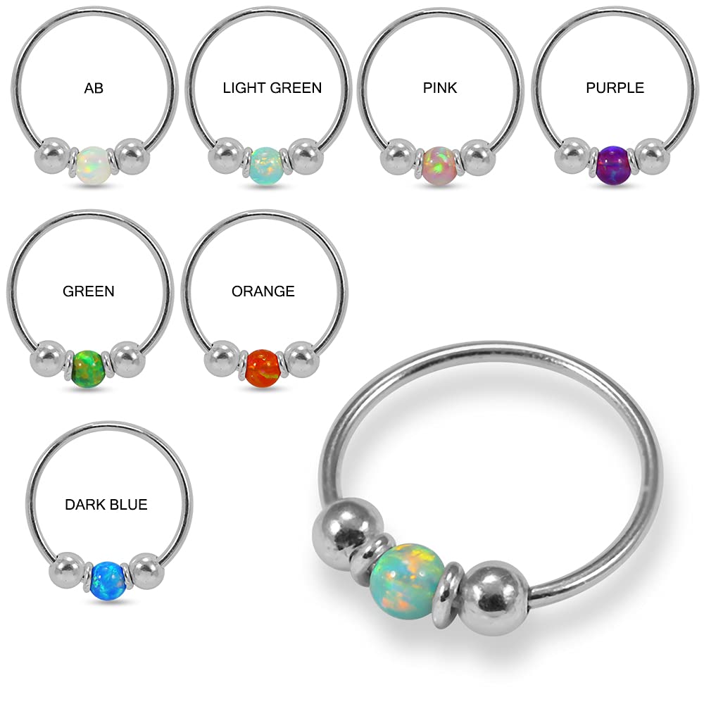 AtoZ Piercing Aurora Borealis Opal Stone Center and Silver Bead Ring 22 Gauge (0.6MM) - 8mm Diameter 925 Sterling Silver Open Hoop Nose Ring Jewelry