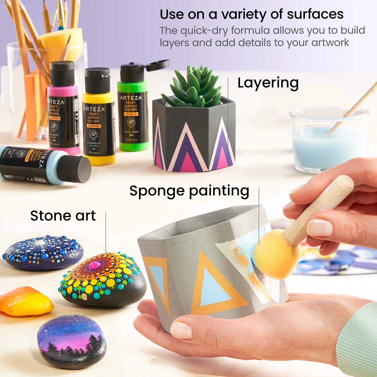 ARTEZA Craft Acrylic Paint, 2 ounce Bottles, Water-Based, Matte Finish Paints, Art Supplies for Glass, Wood, Ceramics, Fabrics, Leather, Paper