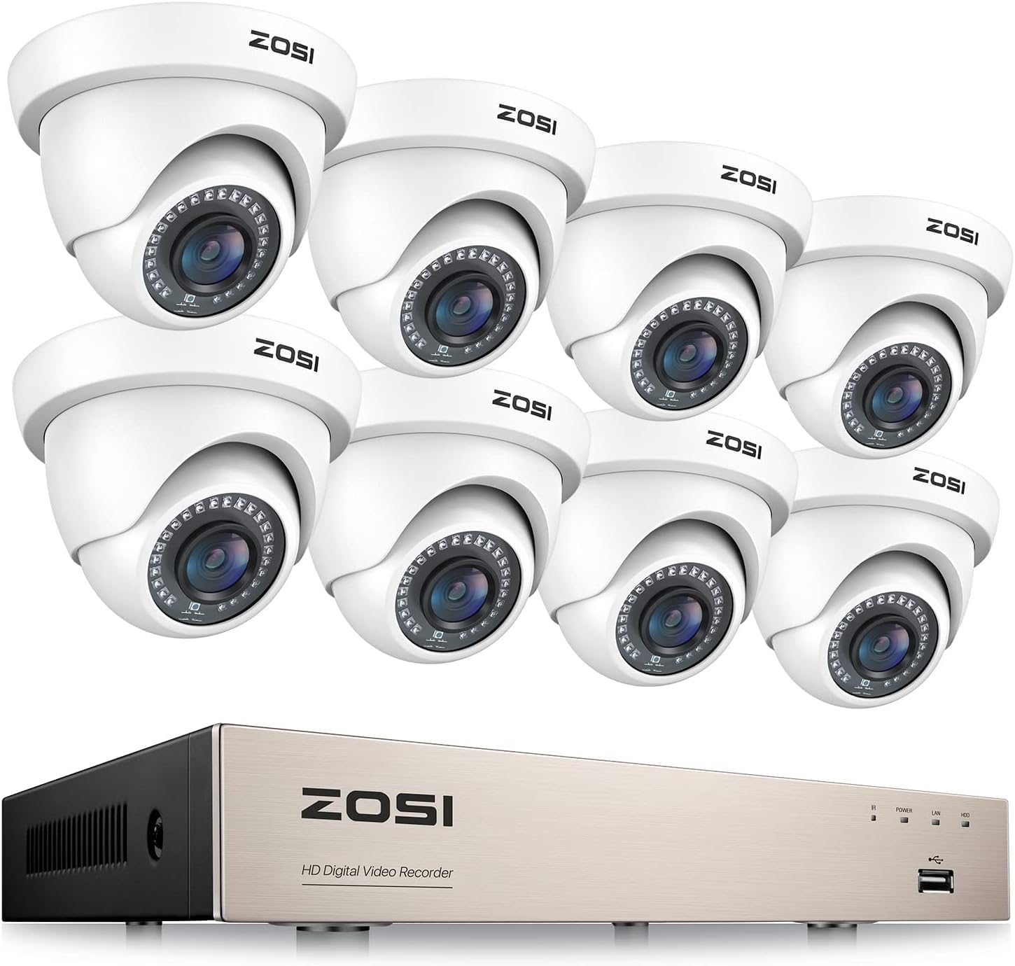 ZOSI 1080P 8CH Home Security Camera System, H.265+ 8 Channel 5MP Lite HD-TVI DVR Recorder and 8pcs 2MP 1920TVL Weatherproof CCTV Dome Cameras Indoor Outdoor, 80ft Night Vision, Remote Access