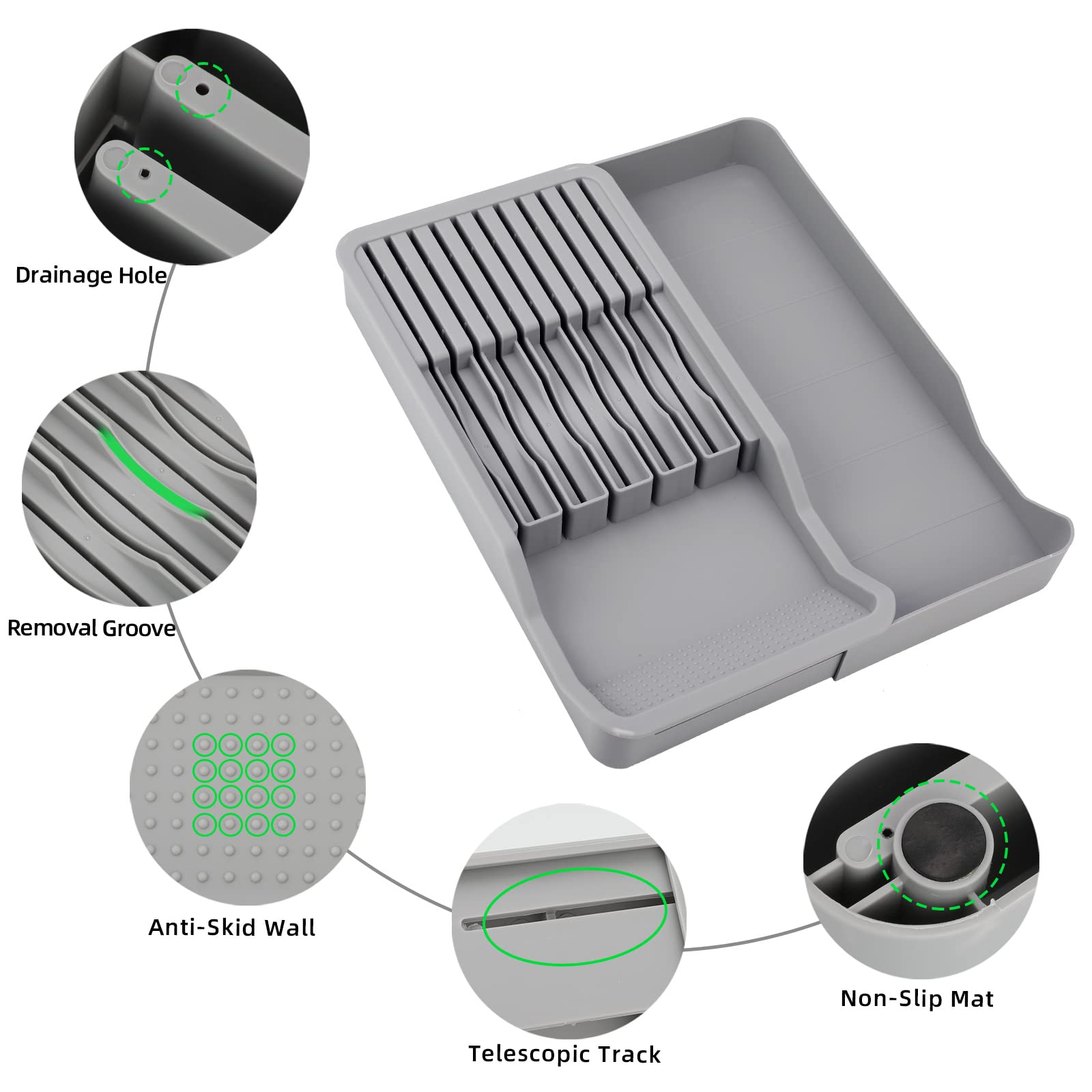AWZITUO In Drawer Knife Organizer, 2 Tier Kitchen Knife Drawer Holder Insert with Expandable Storage Tray Holds 11 Knives, Drawer Knife Organizer for Kitchen Saves Space (Gray)
