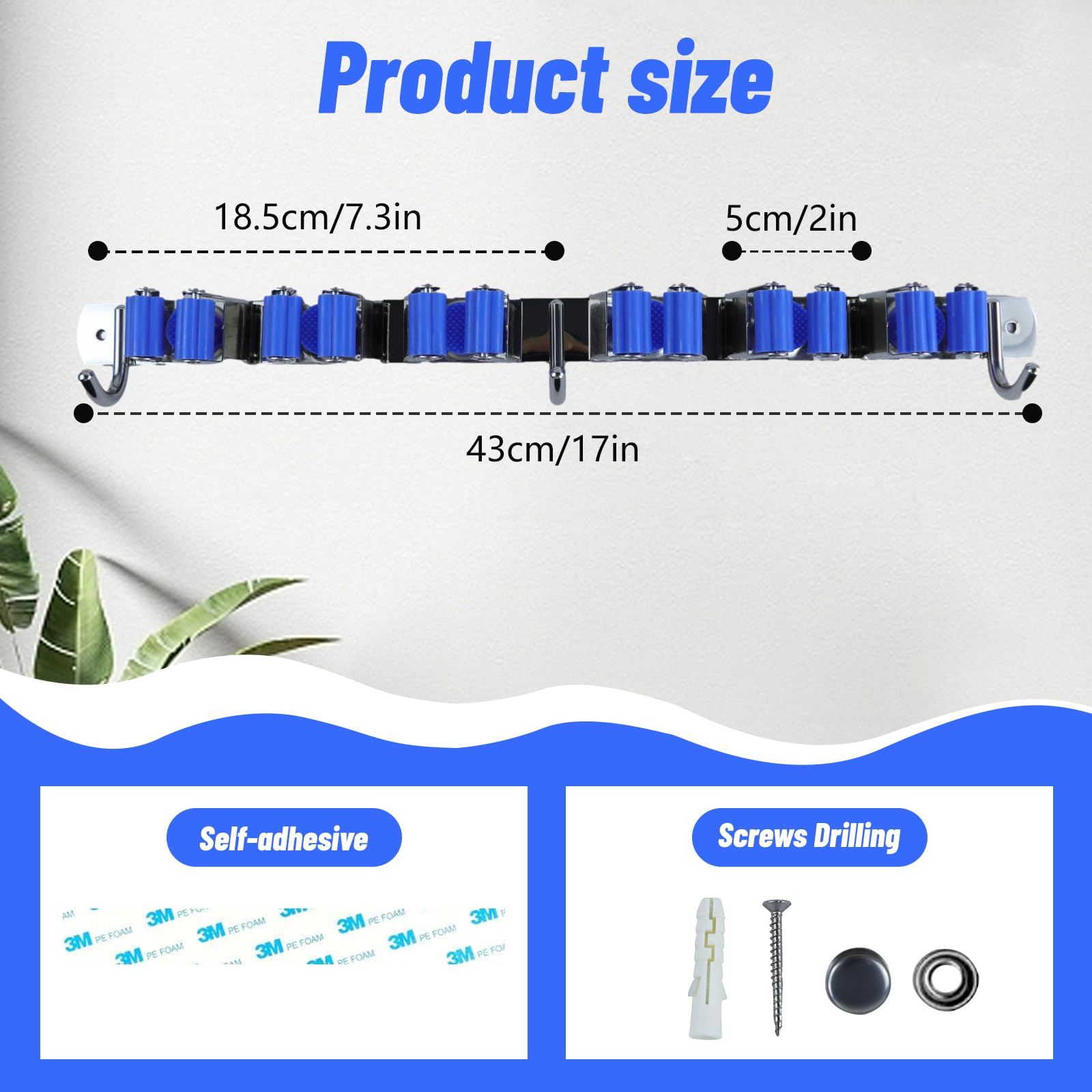 Mop Broom Holder Wall Mounted,6 Racks 3 Hooks Heavy Duty Stainless Steel Broom and Mop Hangers,Garage Storage Rack & Garden Tool Organizer, Self-adhesive/Screw Drilling