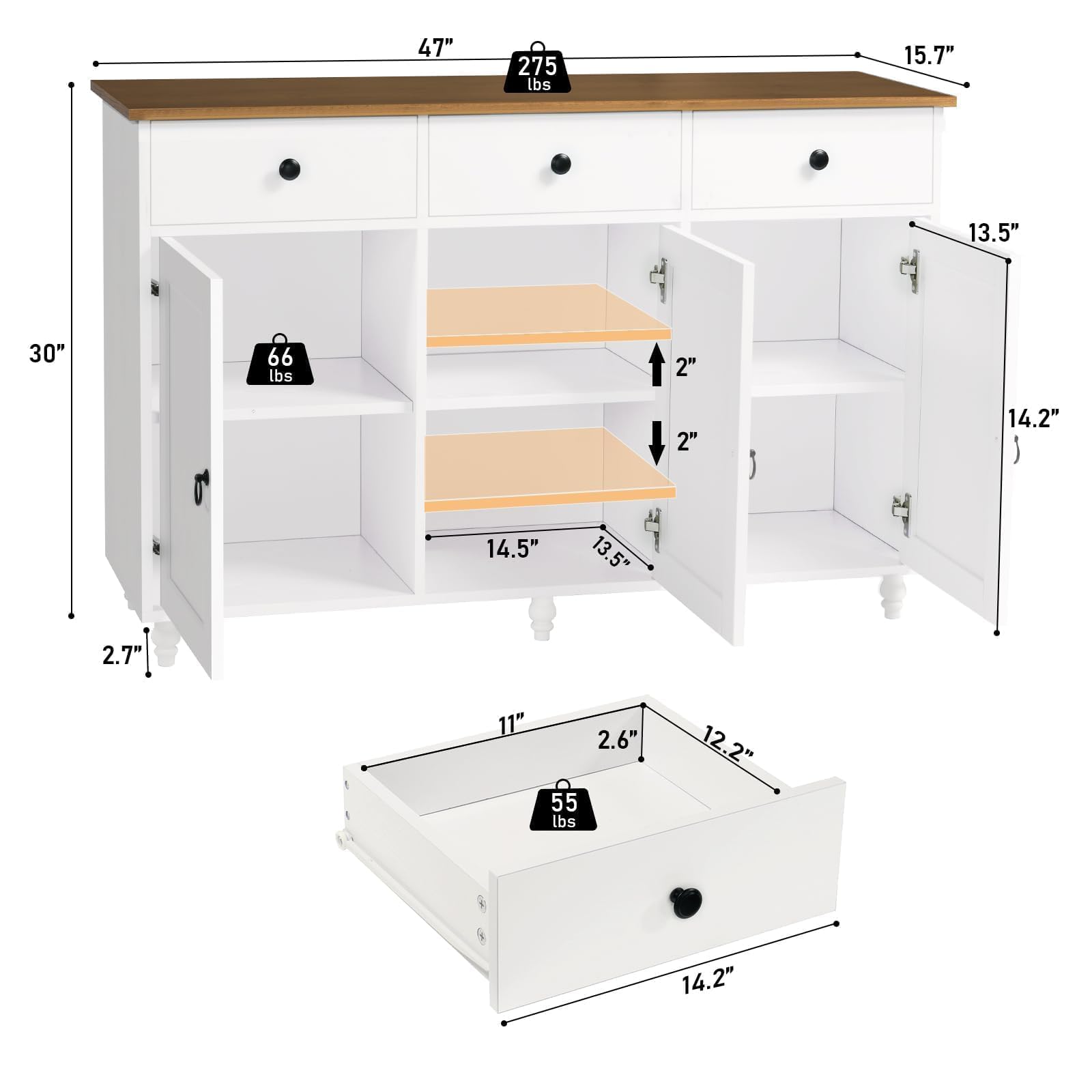 Buffet Cabinet with Storage, 47" Sideboard Buffet Cabinet with 3 Drawers and 3 Doors, Modern Farmhouse Kitchen buffet storage cabinet, Wood Buffet Table for Kitchen, Dining Room, Living Room, White