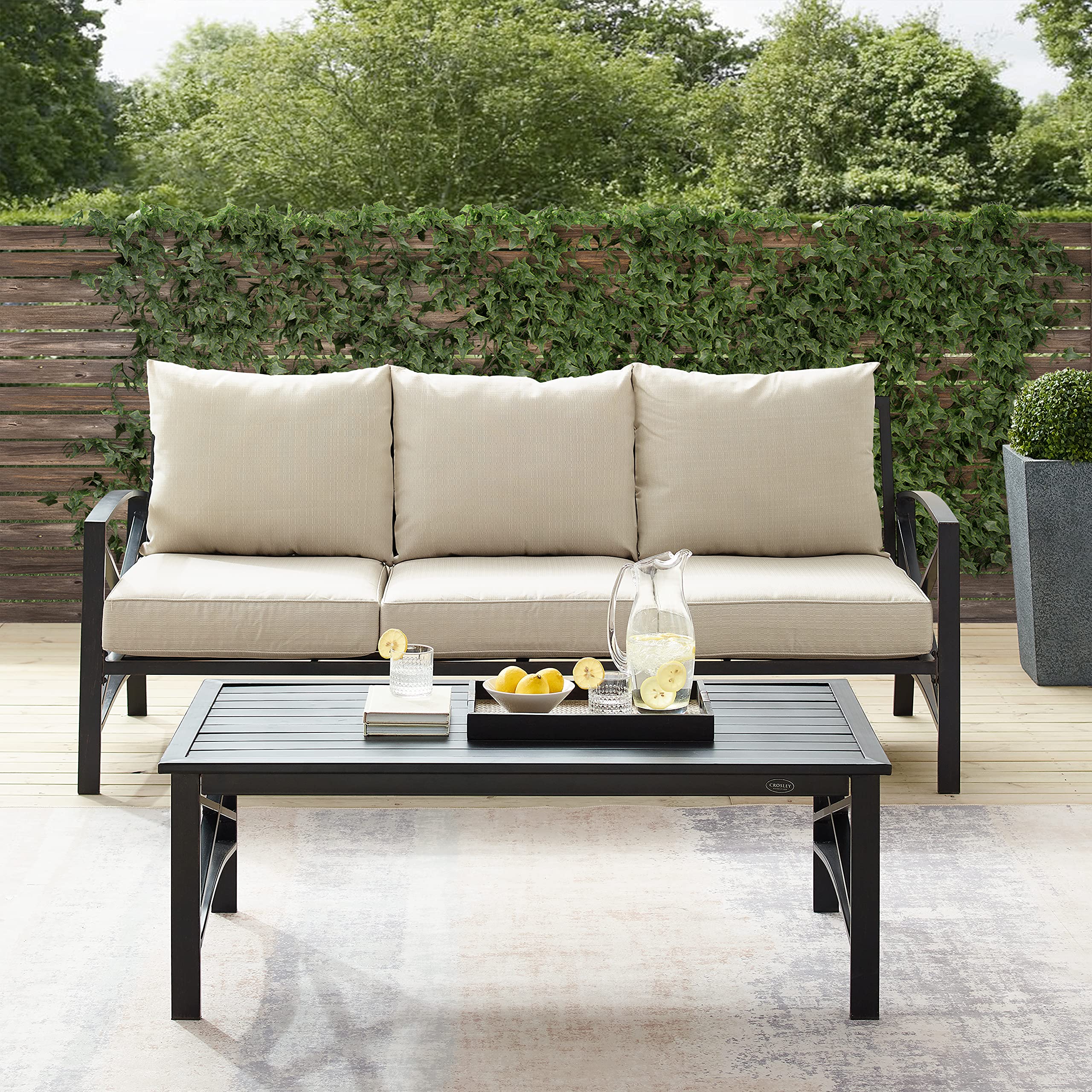 Crosley Furniture Kaplan 2-Piece Outdoor Sofa Patio Furniture Set, Conversation Sets for Porch, Deck, Oiled Bronze with Oatmeal Cushions