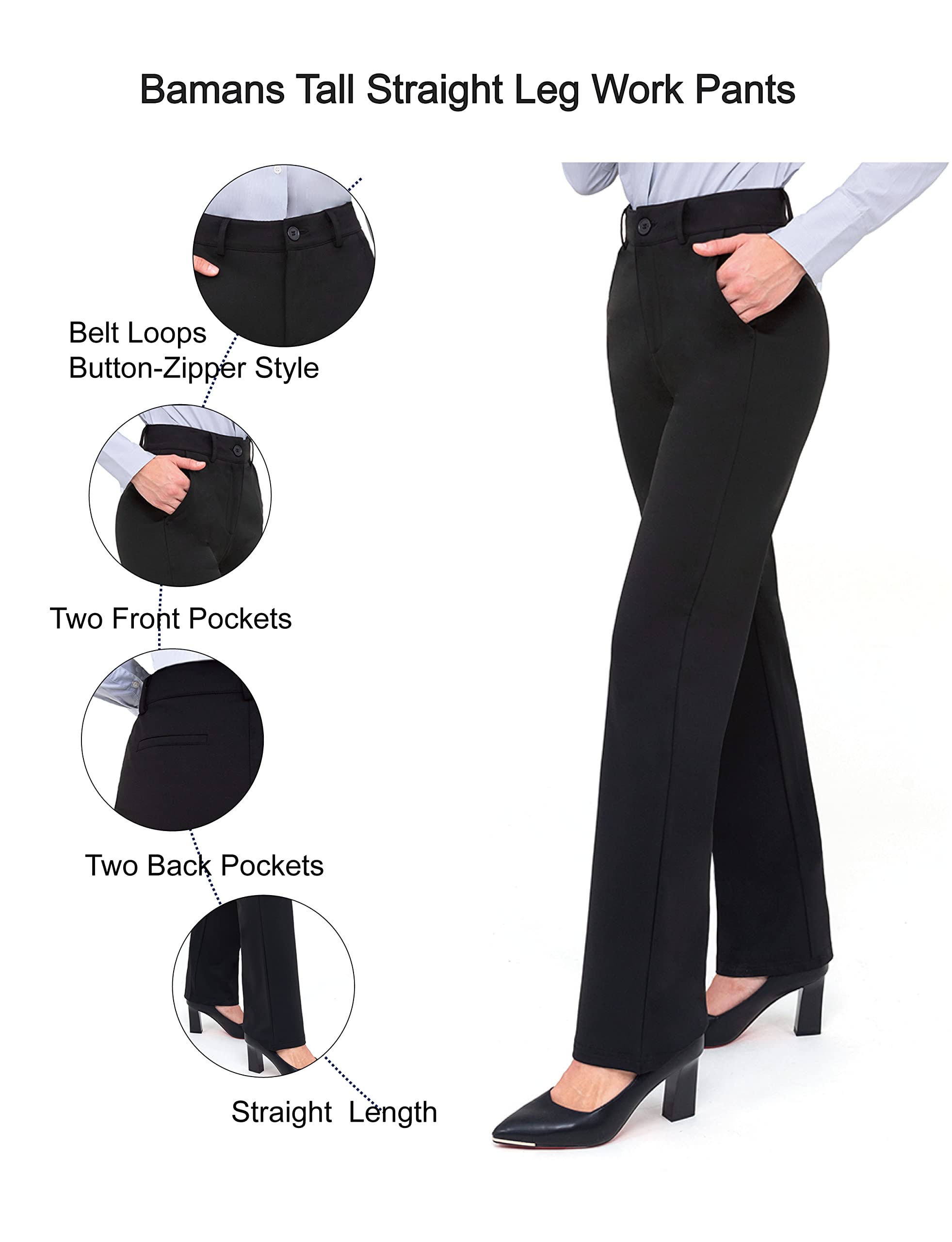 Bamans Work Pants for Women Yoga Dress Pants Straight Leg Stretch Work Pant with Pockets (Black, Small Long)