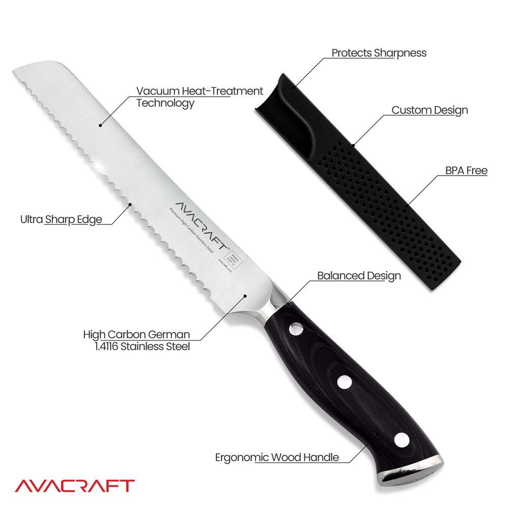 AVACRAFT Bread Knife, High Carbon German 1.4116 Stainless Steel Serrated Knife, Cake Knife, Cake Slicer, Ergonomic Wood Handle, Razor Sharp, 8 inch with Custom Storage Cover