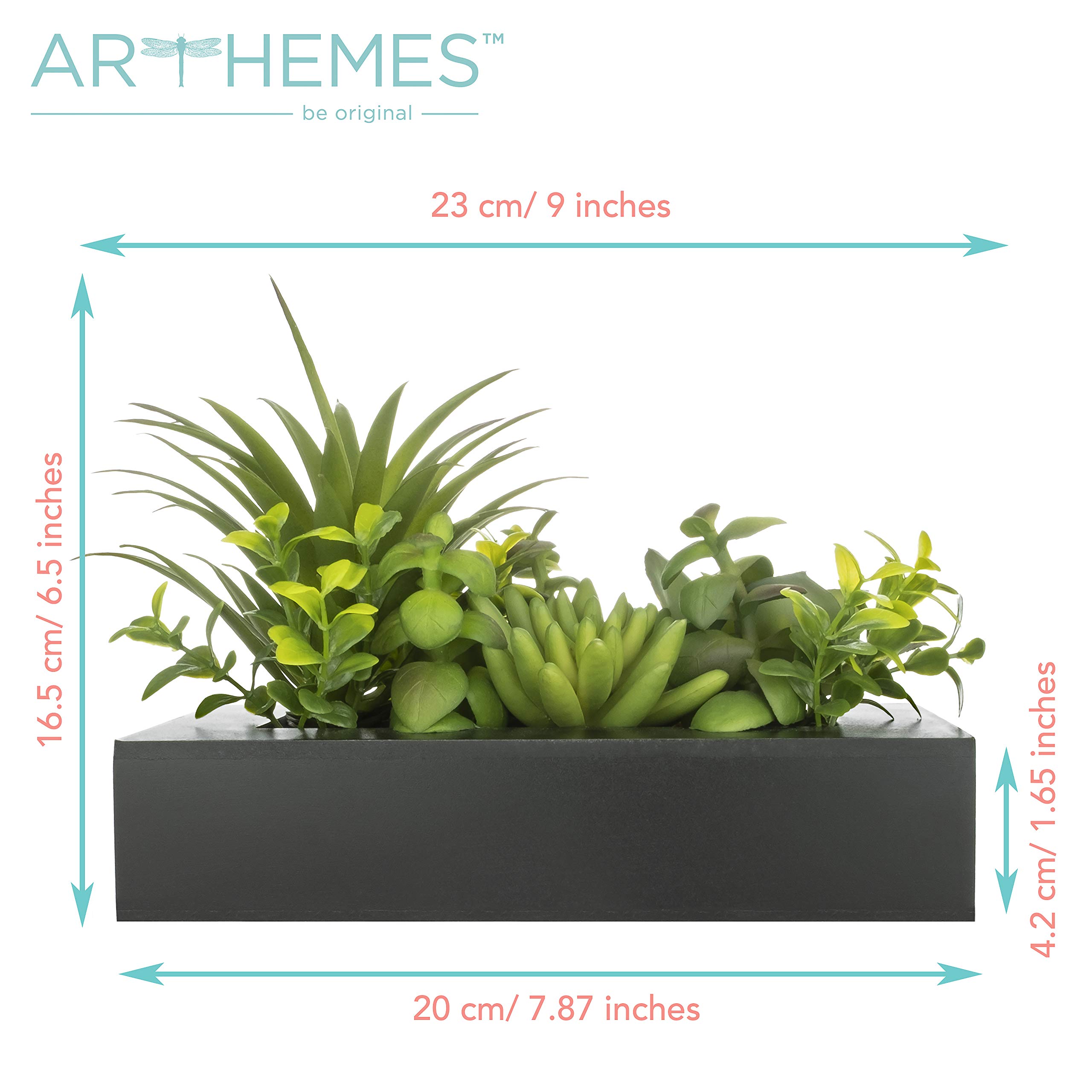 ARTHEMES Green Artificial Succulent Plants in Rectangular Wooden Frame, Faux Succulents Arrangement for Desk Decor | Fake Plants for Bedroom Aesthetic